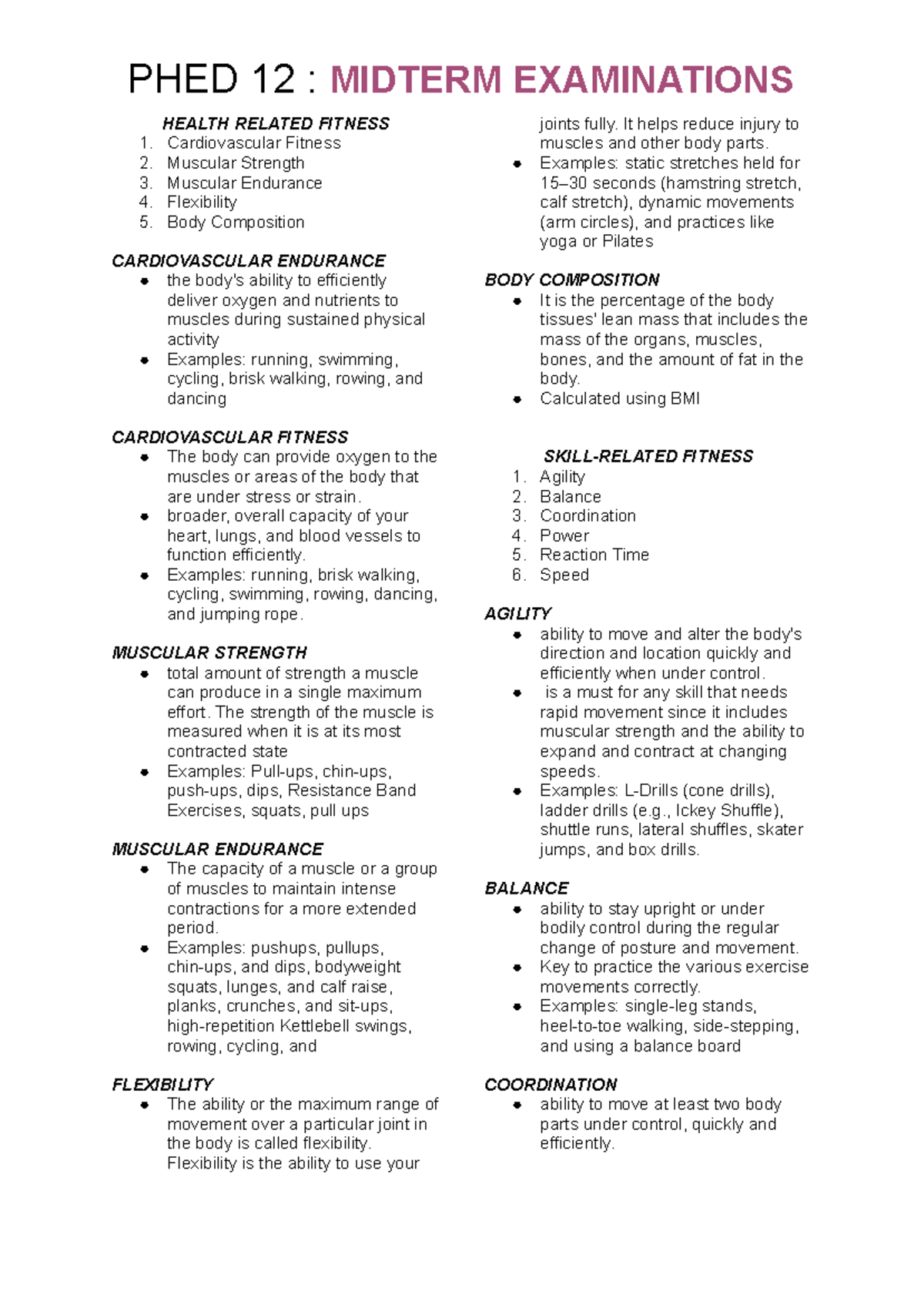 PHED 12: Midterm Exam Review on Health-Related Fitness Concepts - Studocu