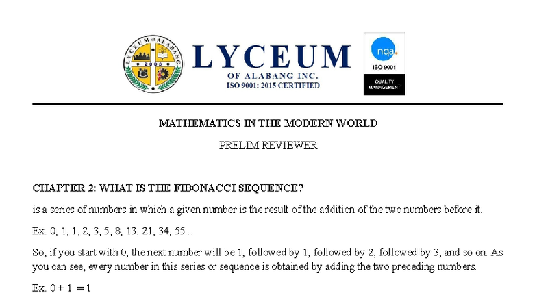 MATHEMATICS IN THE MODERN WORLD PRELIM REVIEWER CH. 2: FIBONACCI ...