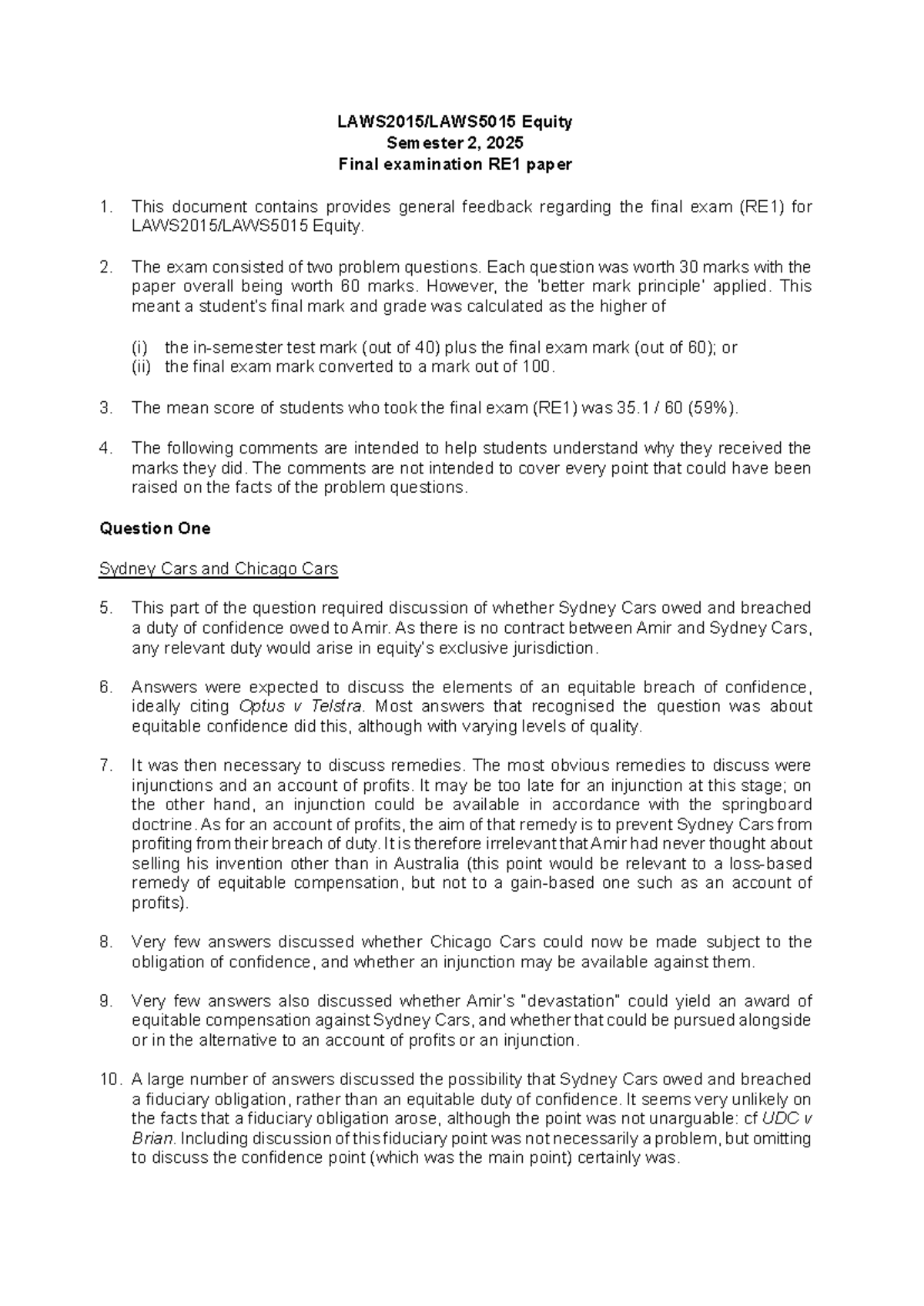 2025 Equity Final Exam RE1: General Feedback and Insights - Studocu