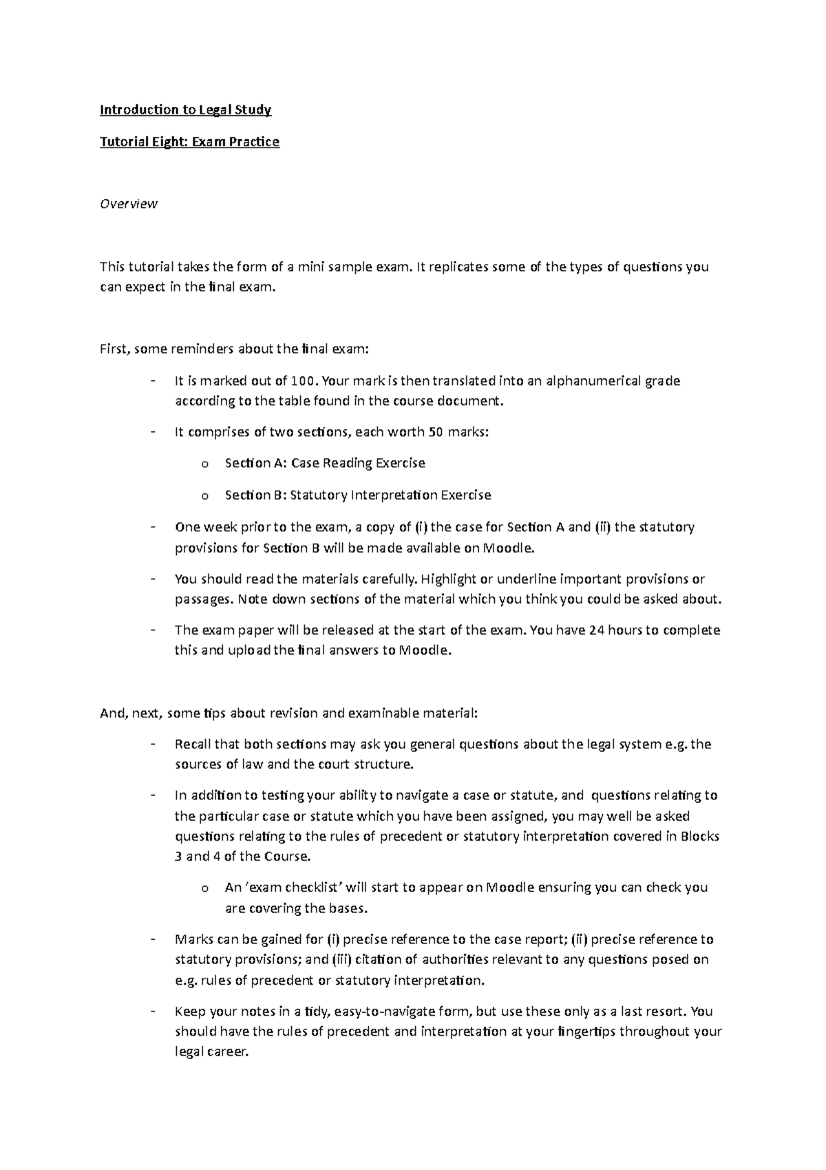 Tutorial 8 - exam practice - Introduction to Legal Study Tutorial Eight ...