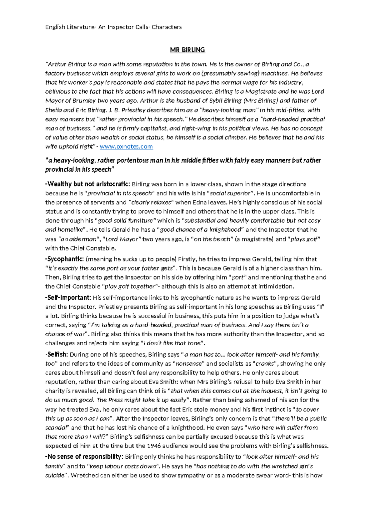 An Inspector Calls - Character Analysis of Mr. Birling - Studocu