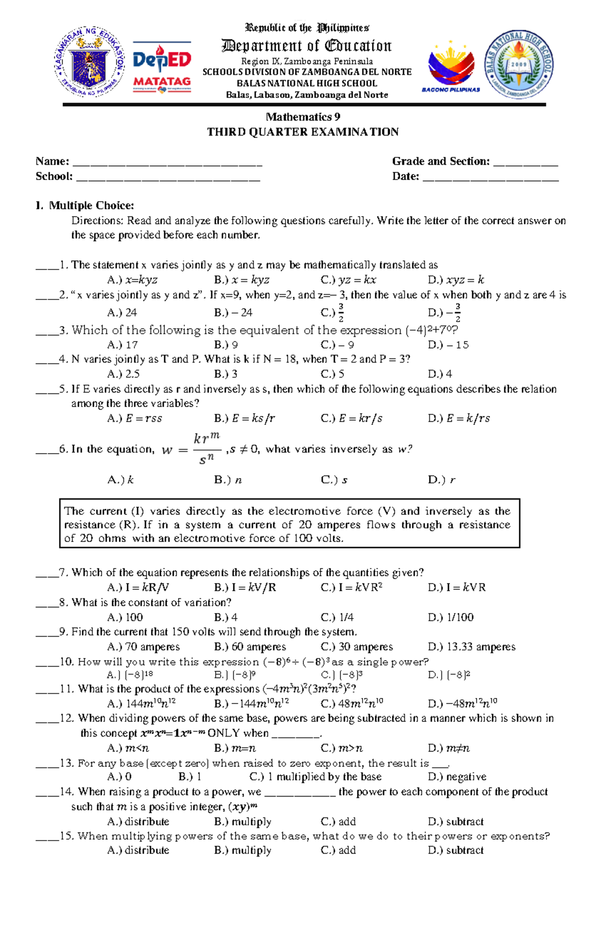 Mathematics 9 - Assessment - Mathematics 9 THIRD QUARTER EXAMINATION ...