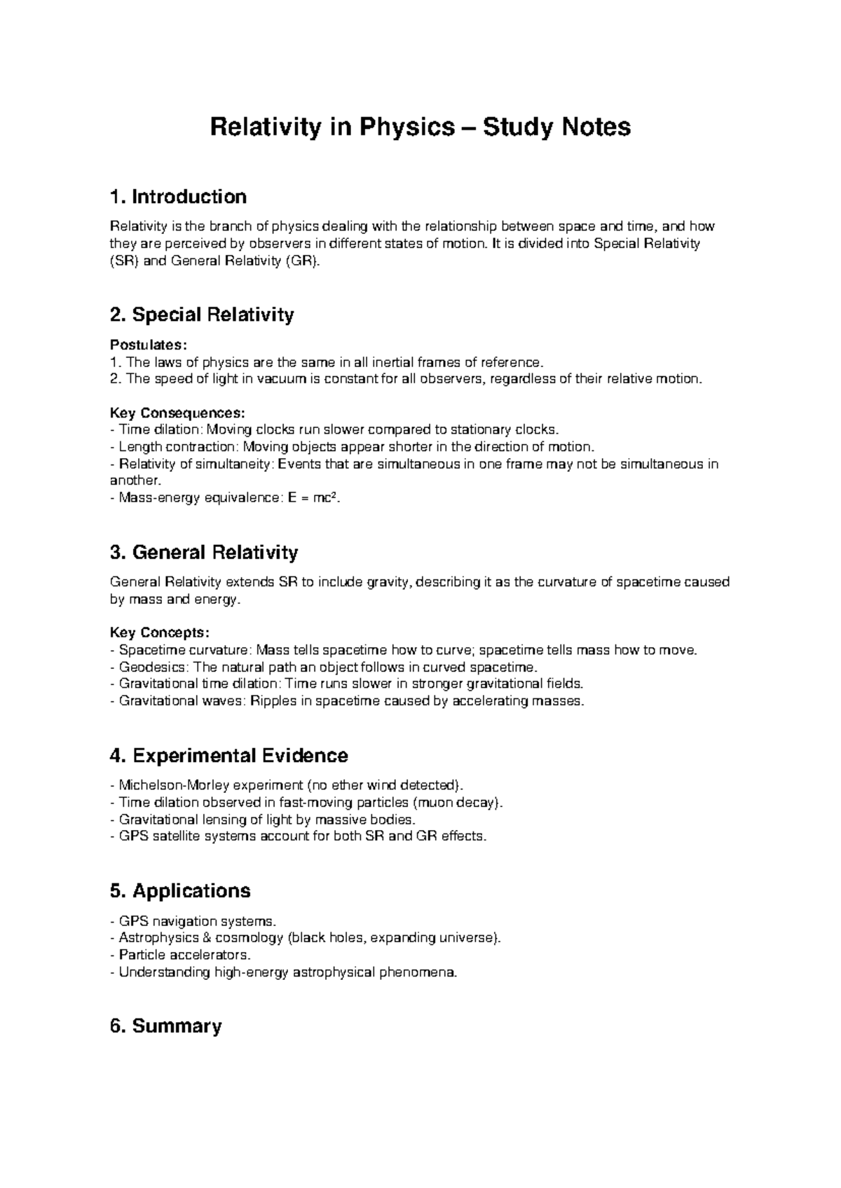 Relativity in Physics: Study Notes on SR & GR Concepts - Studocu