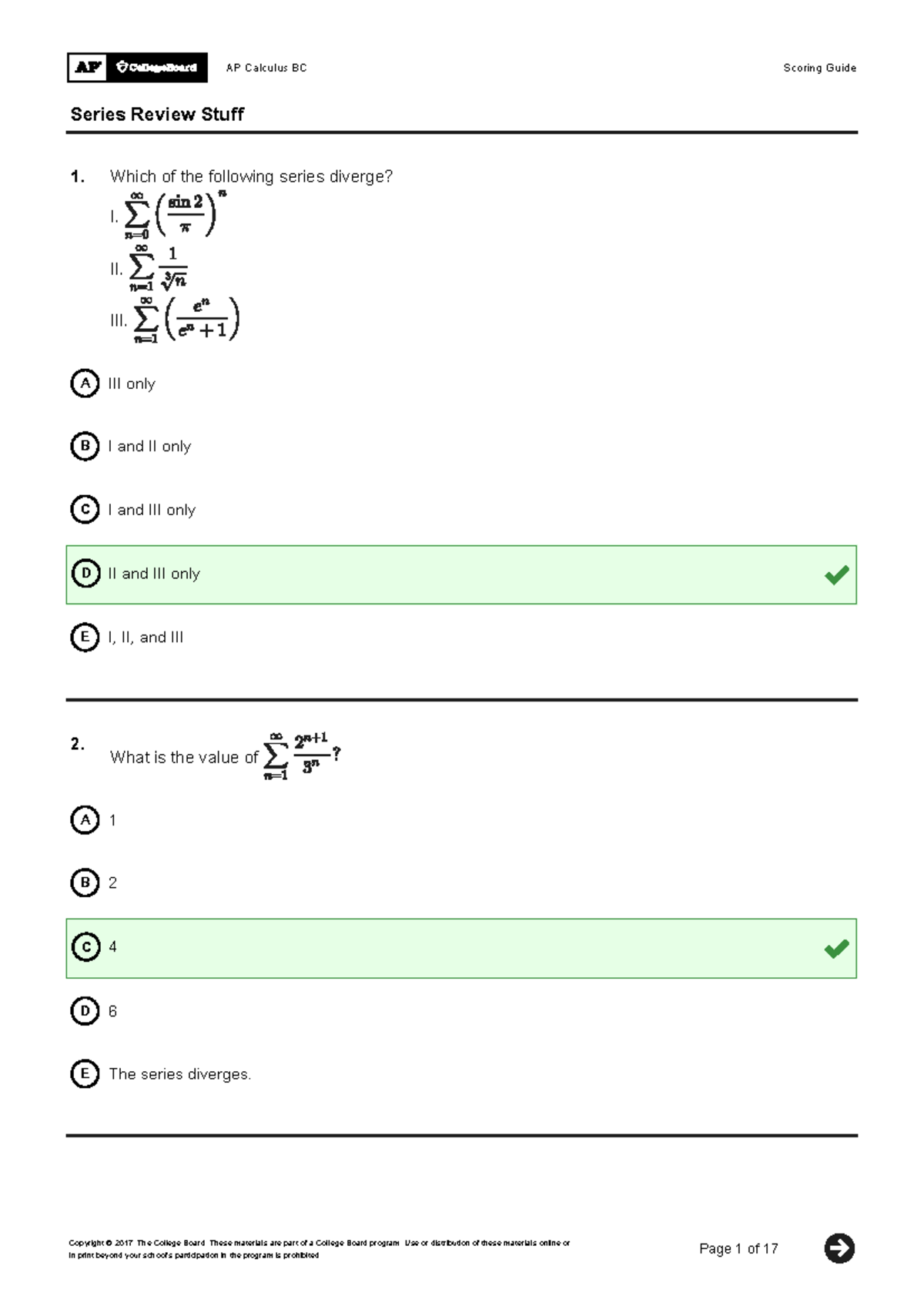 AP Calculus BC Series Review: Infinite Series Practice Guide - Studocu