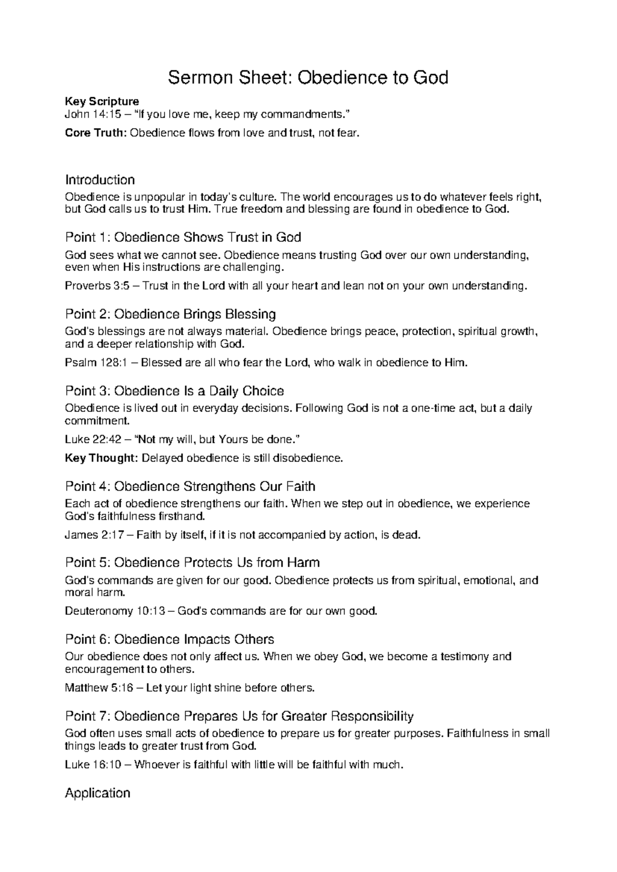 Sermon Sheet: Understanding Obedience to God - Key Insights - Studocu