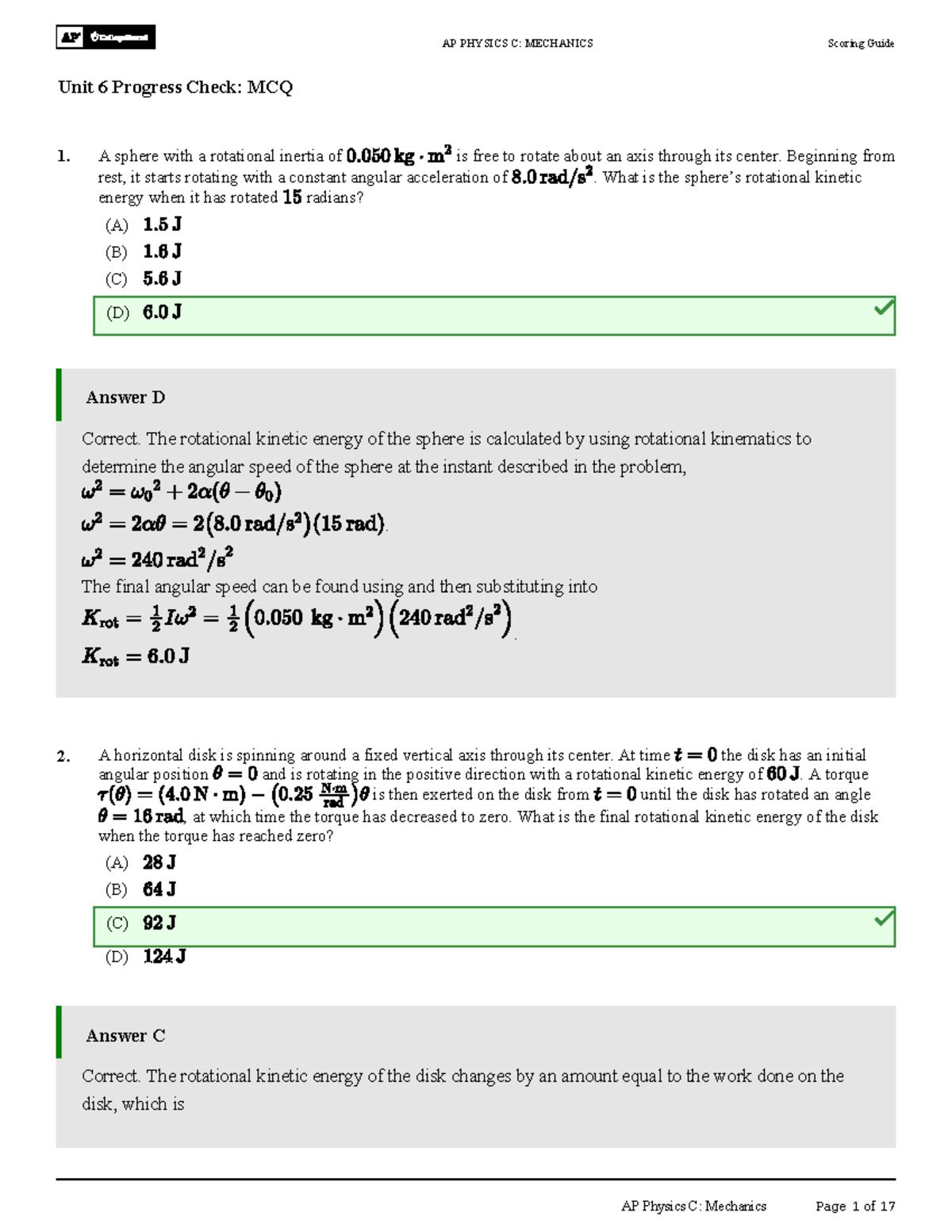 AP PHYSICS C: MECHANICS Unit 6 Progress Check MCQ Scoring Guide - Studocu