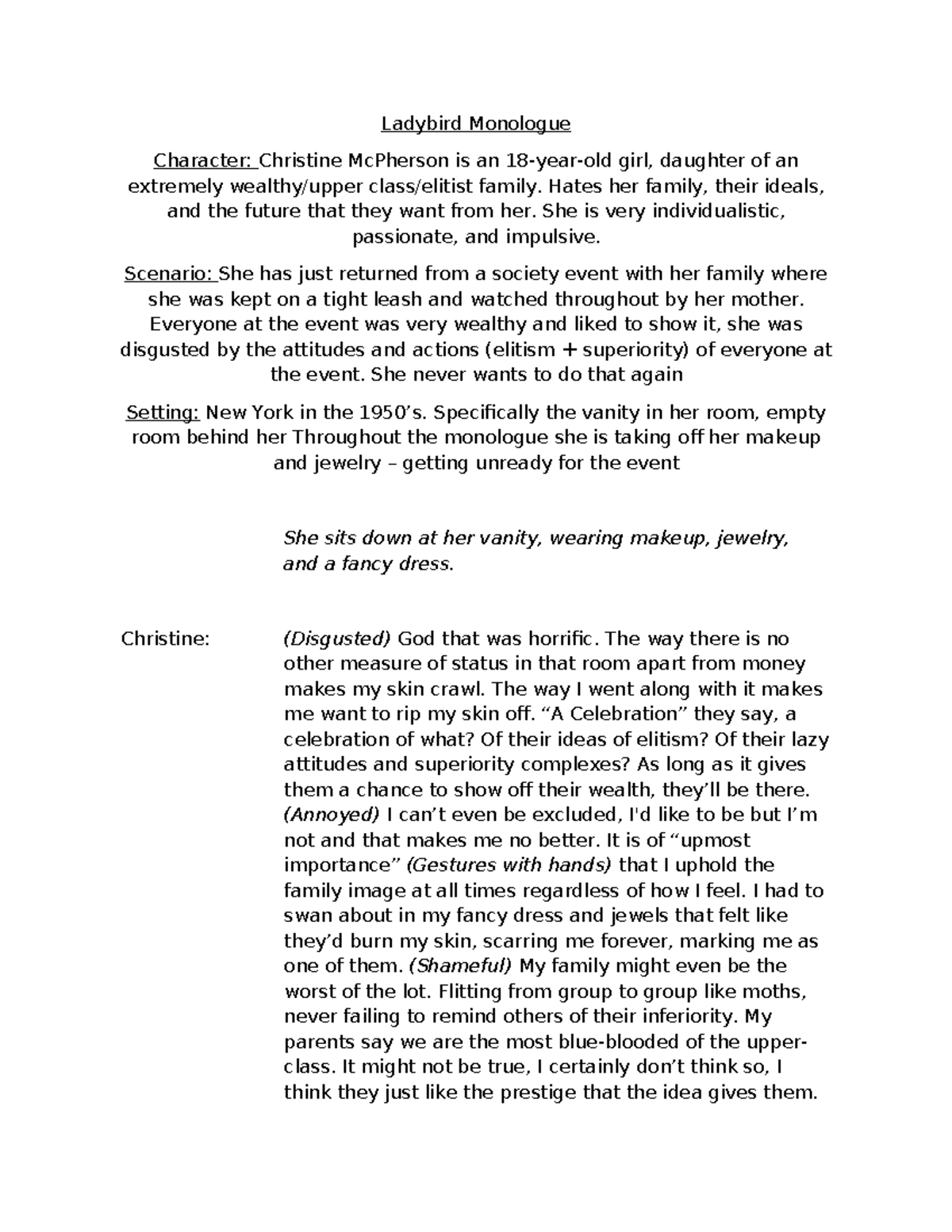 Lit Final Exam T1 11 - Monologue of Christine McPherson - Studocu