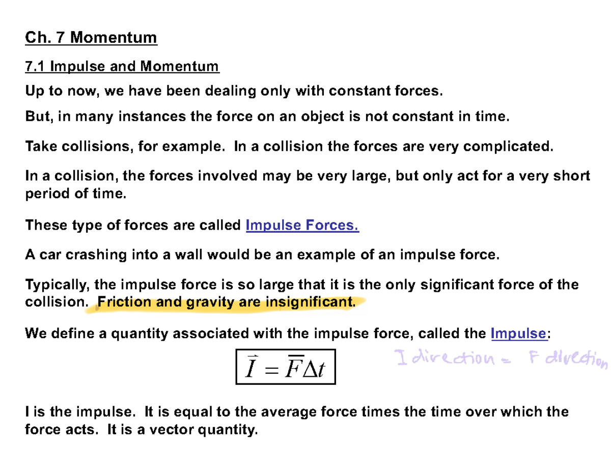 PHYS2001 Ch. 7 Momentum: Impulse-Momentum Theorem Explained - Studocu