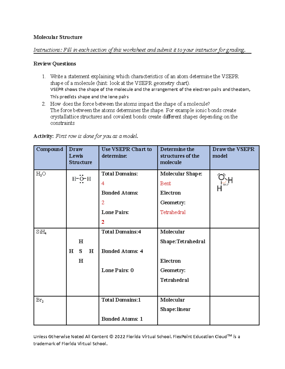 Molecular structure worksheet - Molecular Structure Instructions: Fill ...