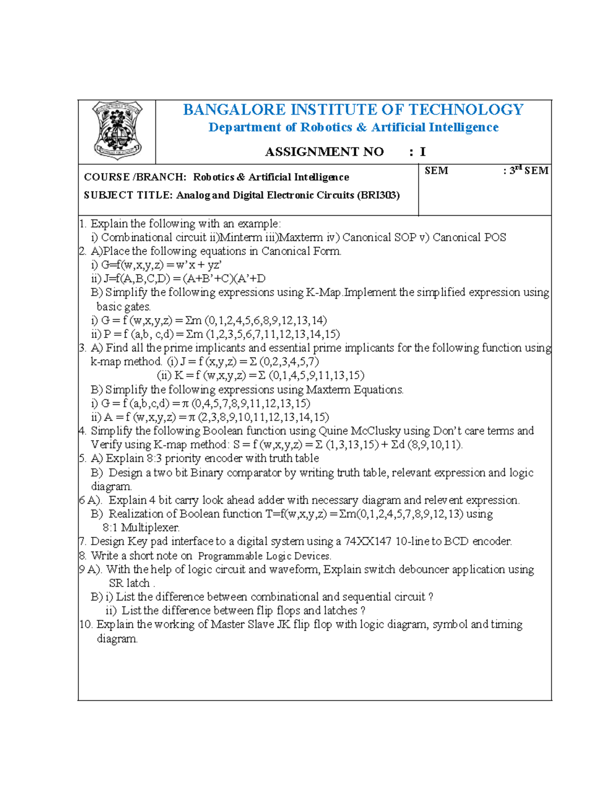 ADEC ASS 1: Analog & Digital Electronic Circuits (BRI303) Study Guide ...