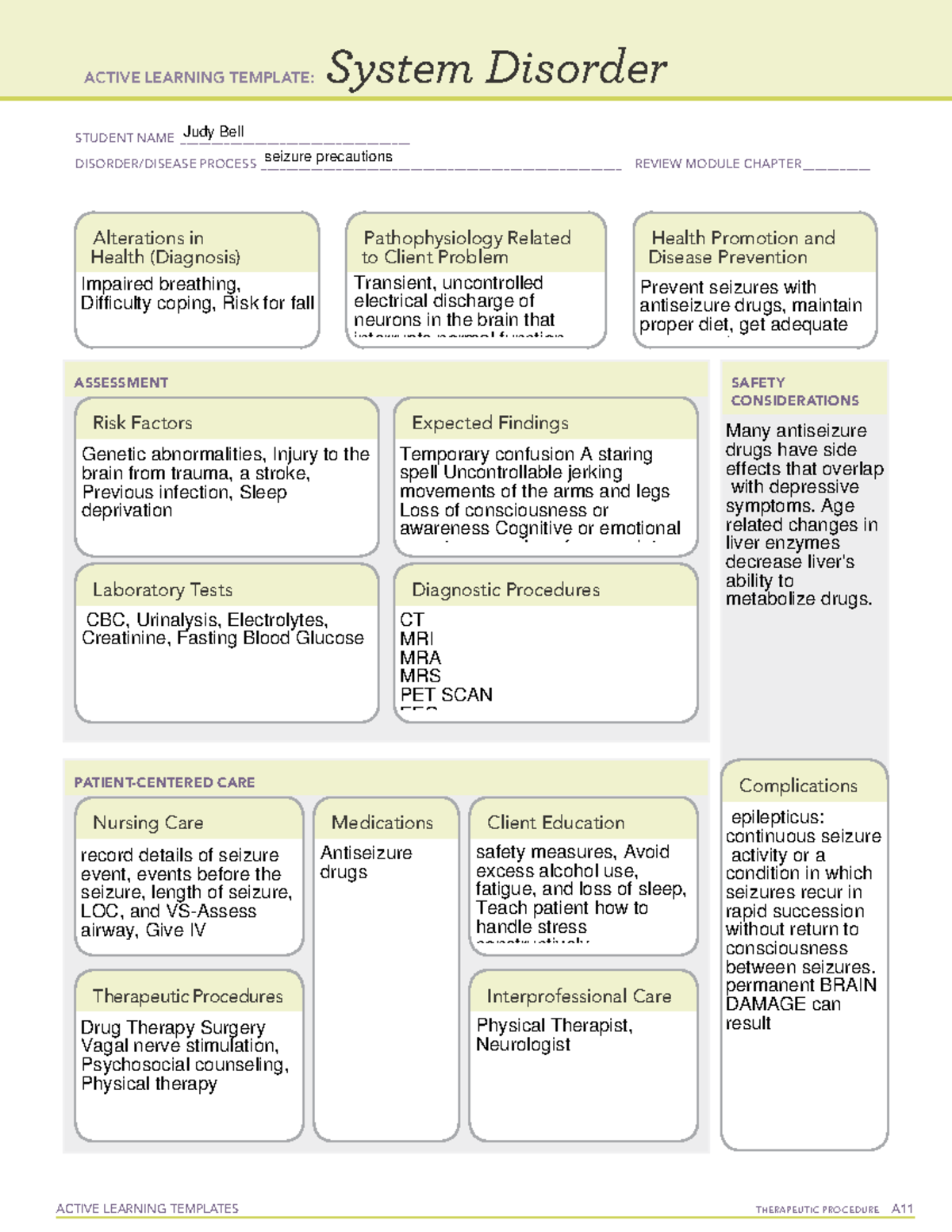 ATI Seizure Precautions: Active Learning Template & Safety ...