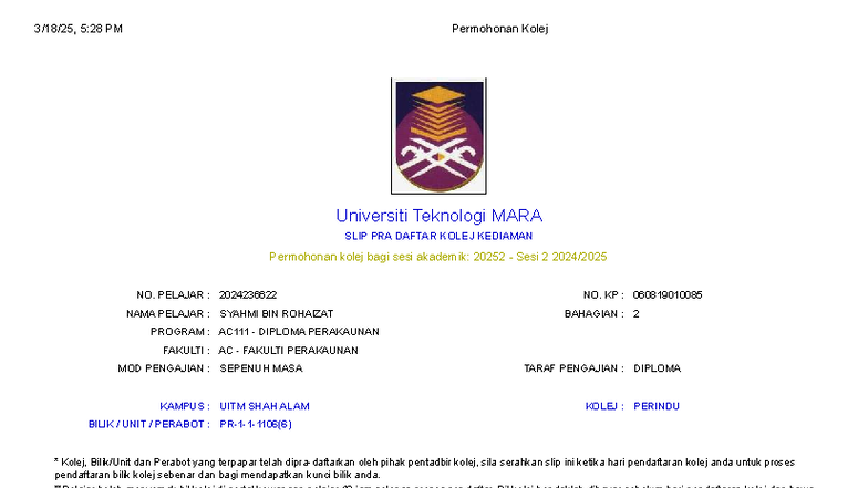 Surat Permohonan Pra Daftar Kolej UITM 20252 Sesi 2 - Studocu
