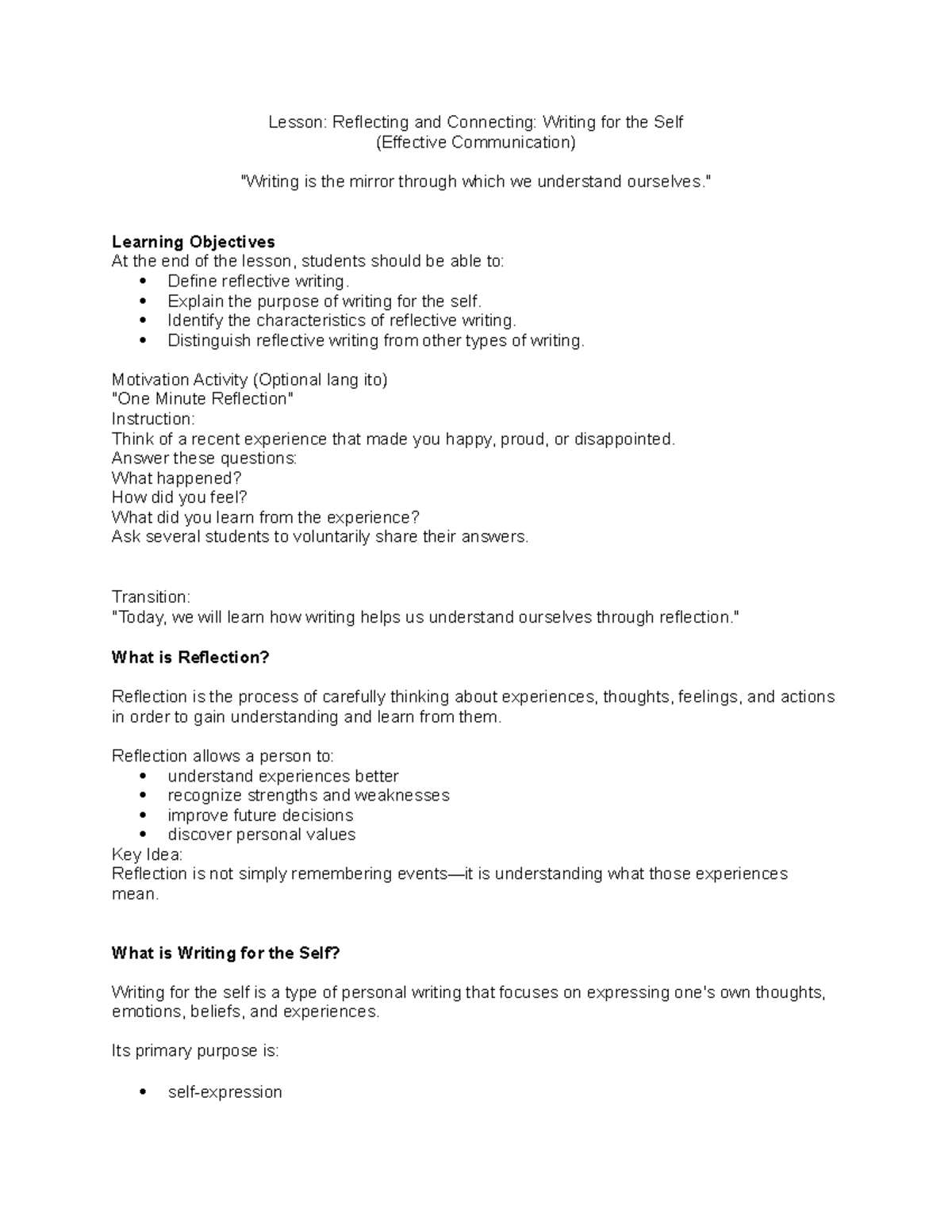 Lesson: Reflecting and Connecting - Writing for the Self (Effective ...