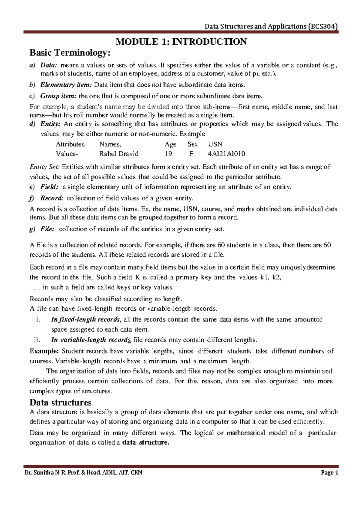 MRS DSA Module 1 - MODULE 1: INTRODUCTION Basic Terminology: a) Data ...