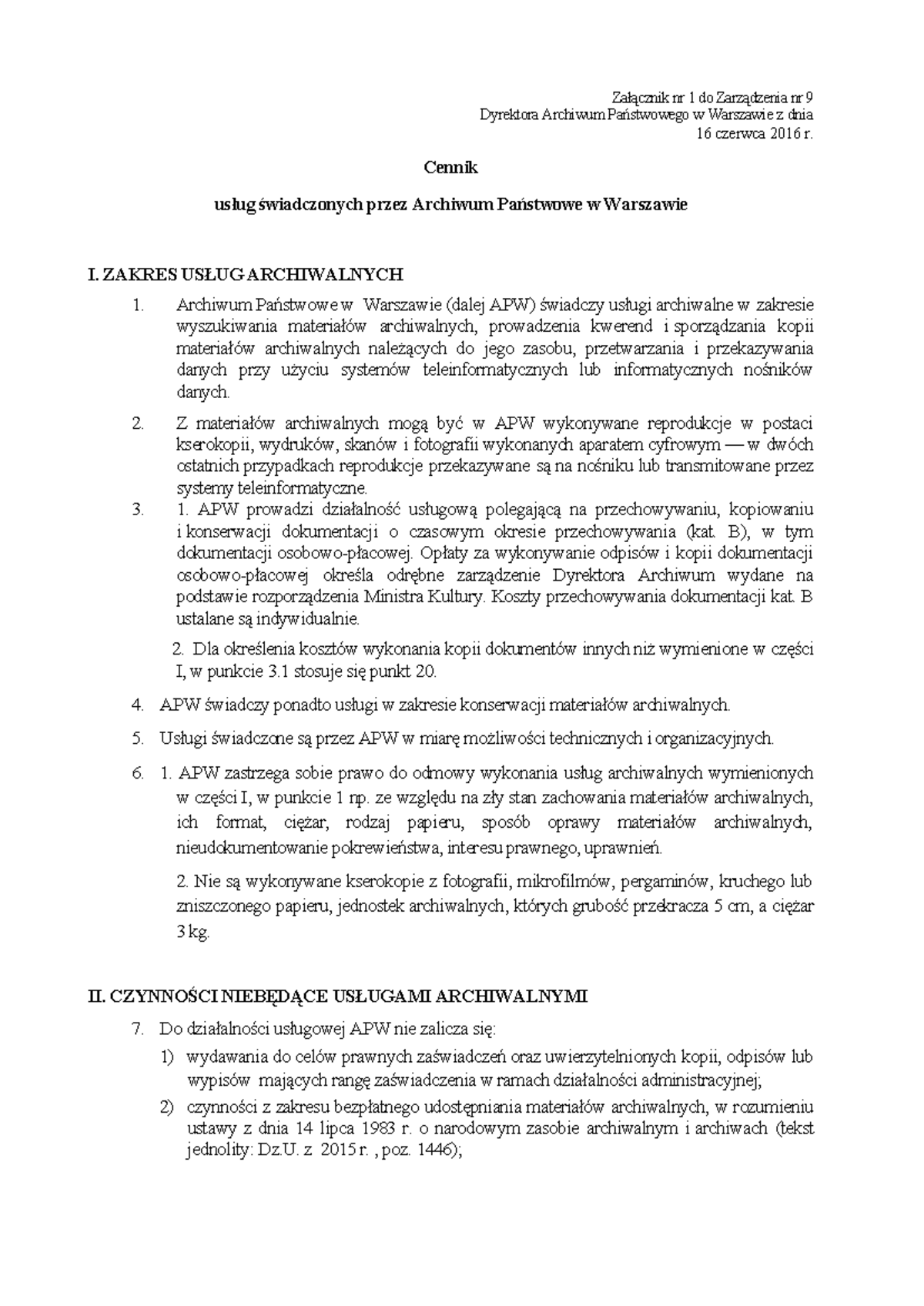 Cennik Usług Archiwum Państwowego w Warszawie - 16.06.2016 - Studocu
