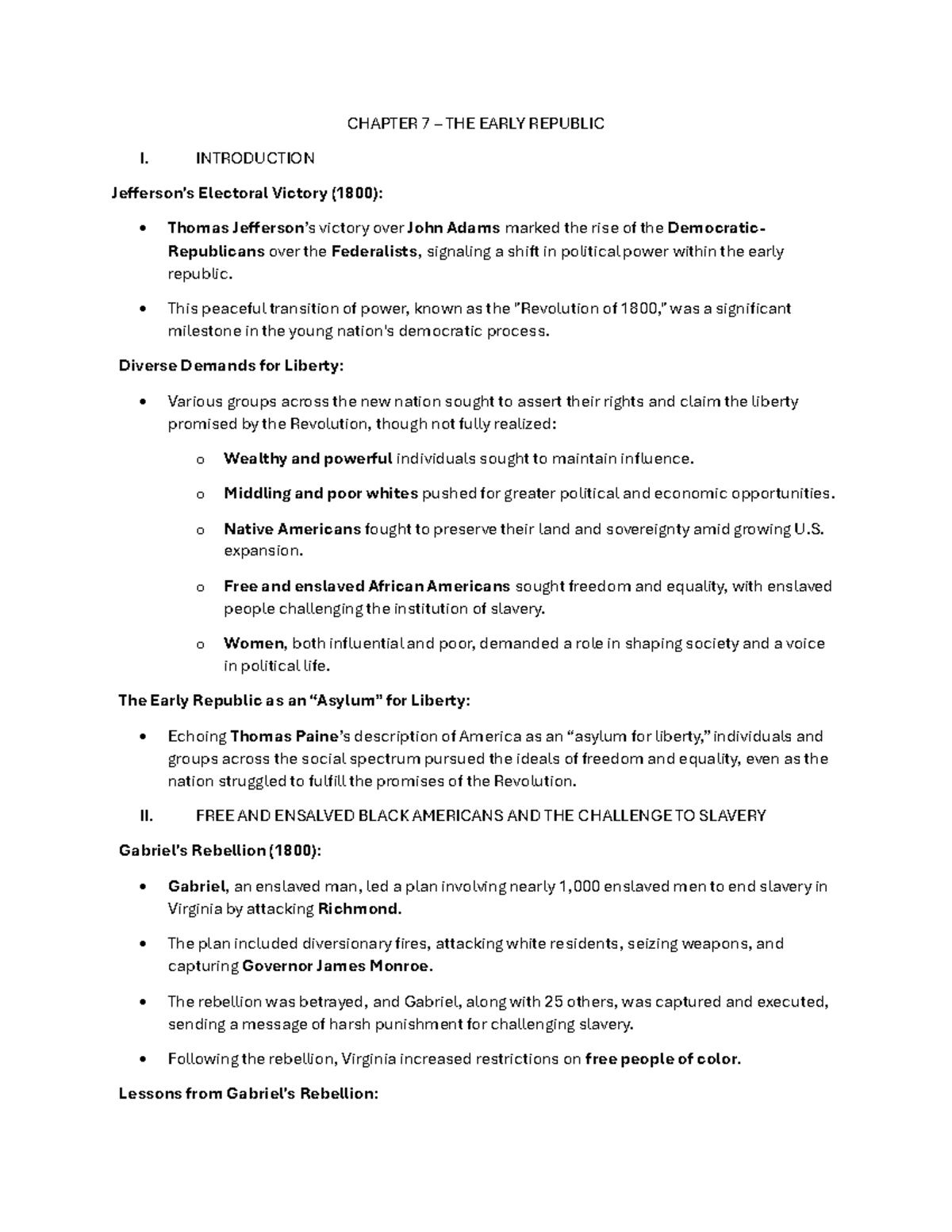 THE Early Republic - Notes - CHAPTER 7 – THE EARLY REPUBLIC I ...