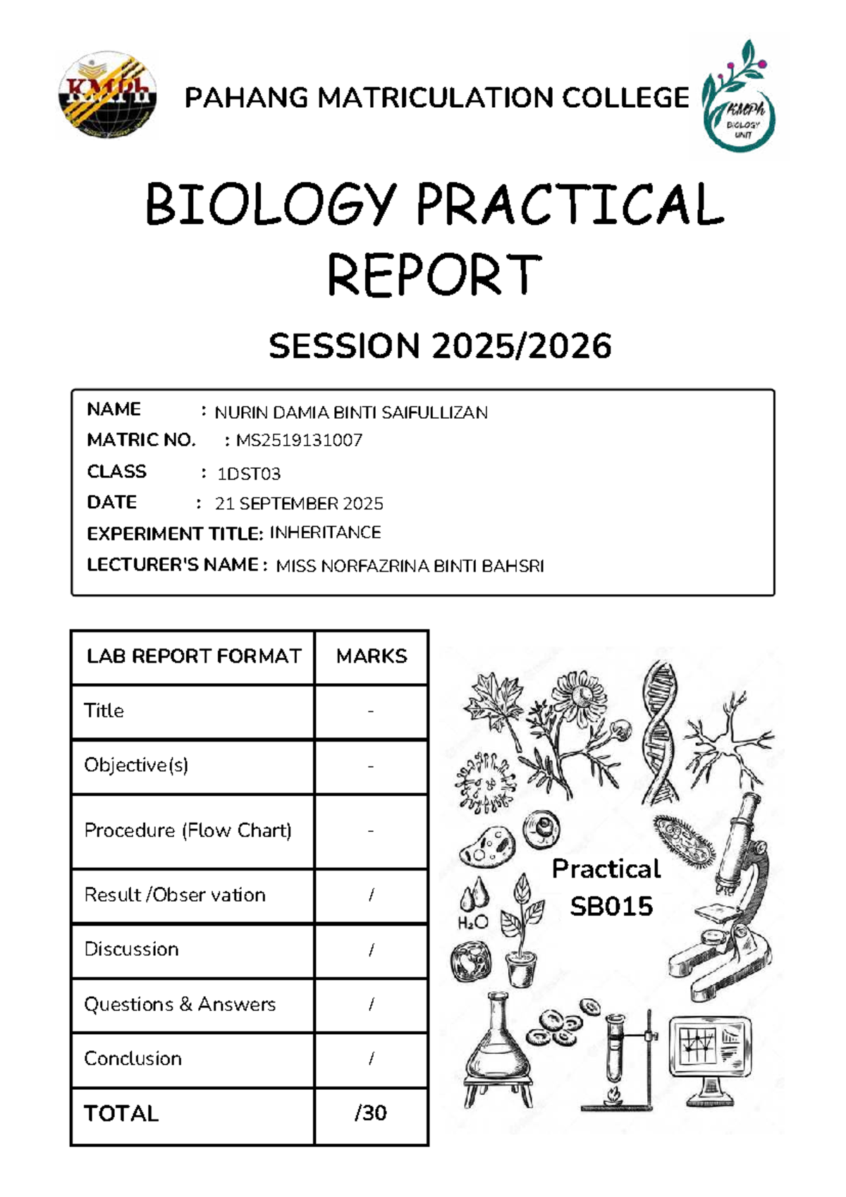 SB015 Biology Practical Report: DNA Extraction from Plant Cells - Studocu