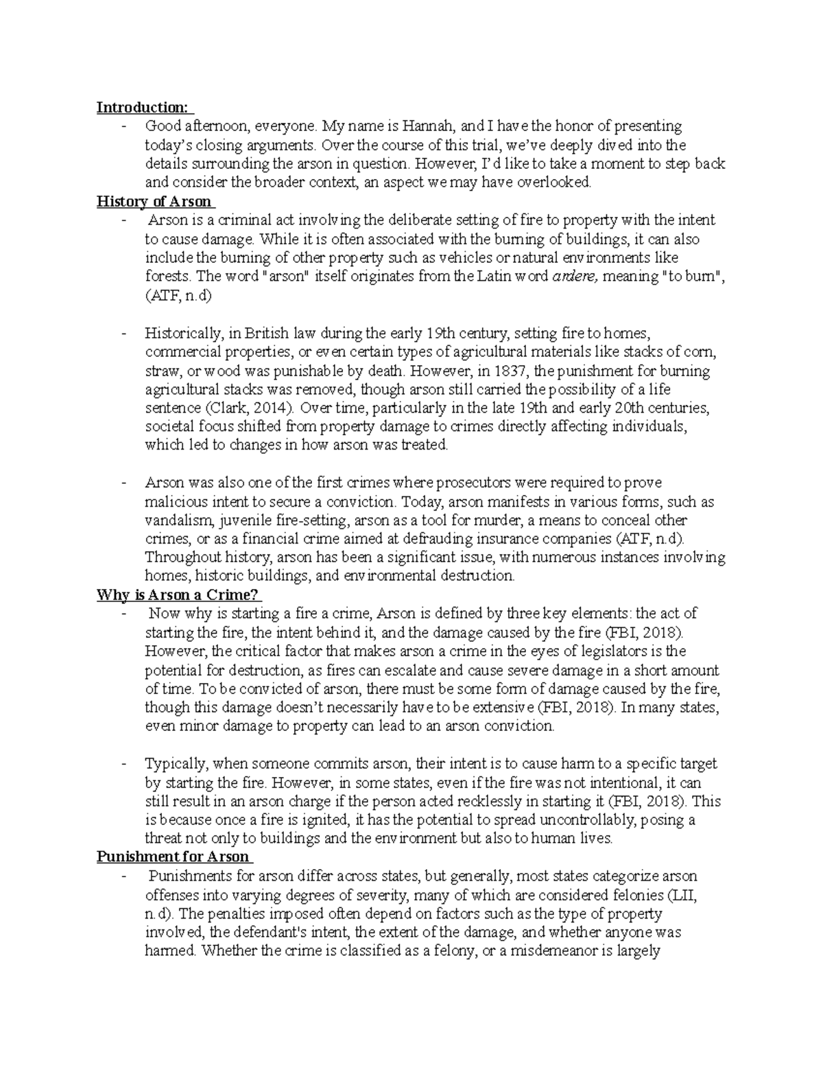 JUS 430 Arson Case Study: Historical Context and Legal Implications ...