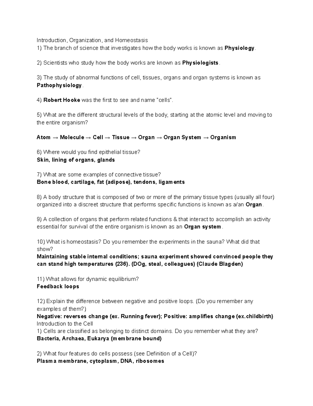 Human Physiology Exam 1: Homeostasis & Cell Structure Concepts - Studocu