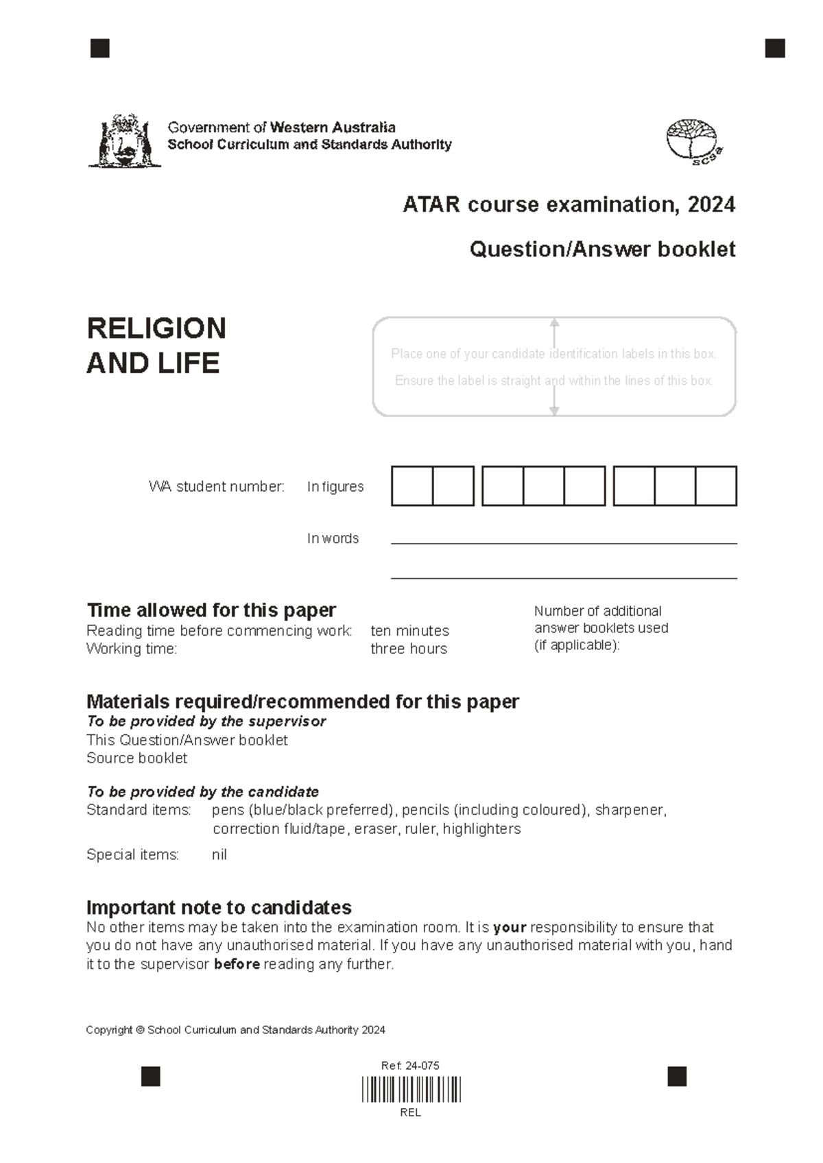 ATAR REL 2024 Final Exam: Religion and Life Examination Booklet - Studocu