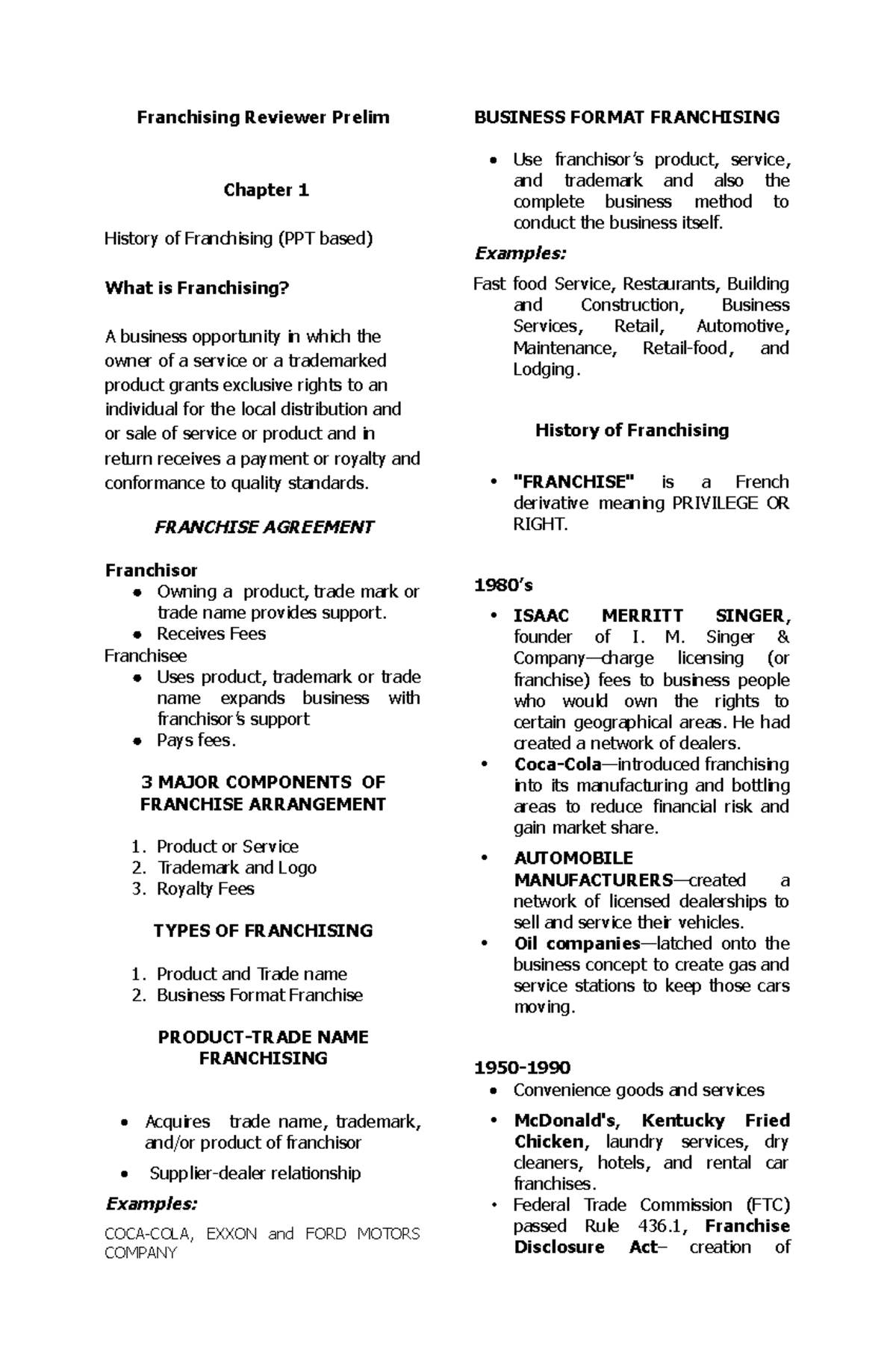 Franchising Reviewer Prelim 1: Key Concepts and History - Studocu