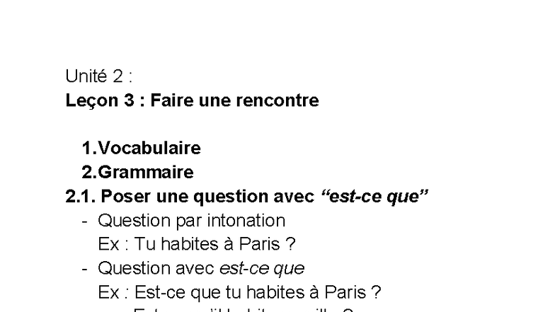 Unité 2 : Leçon 3 - Faire une rencontre et Vocabulaire - Studocu