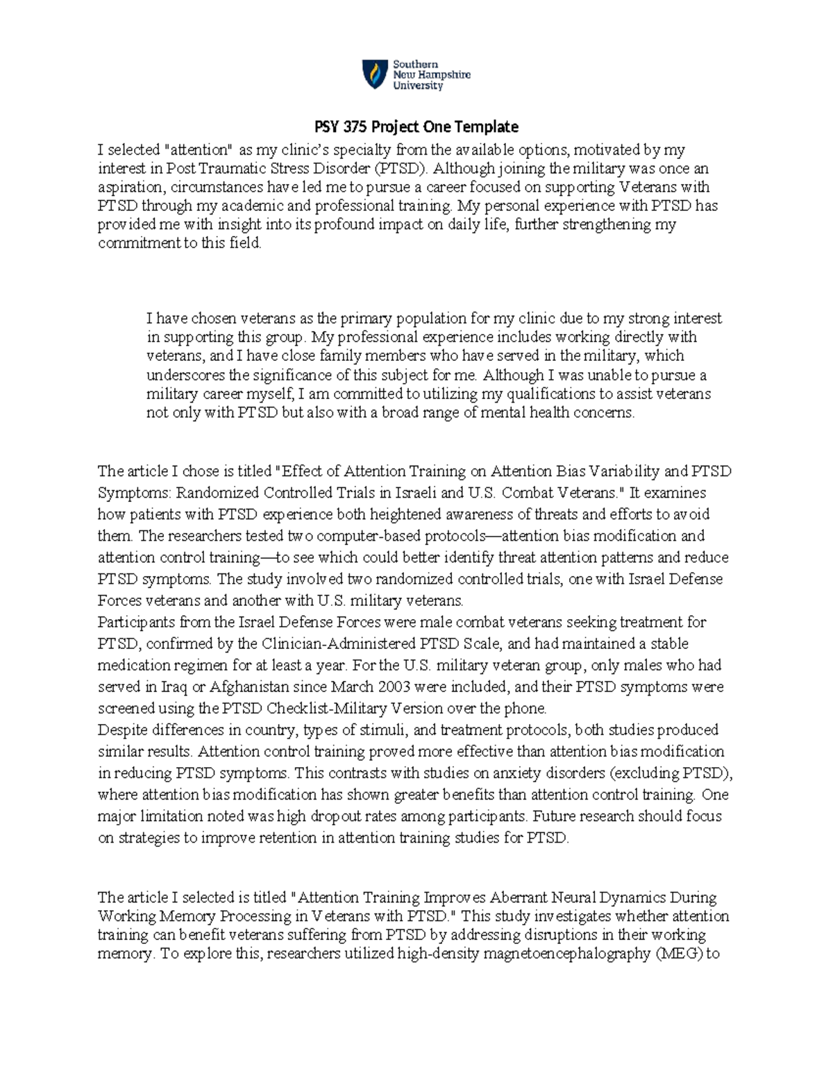PSY 375 Project One: Exploring PTSD in Veterans Through Attention ...