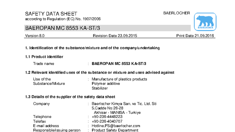 BAEROPAN MC 8553 KA-ST3 MSDS - Safety Data Sheet Overview - Studocu
