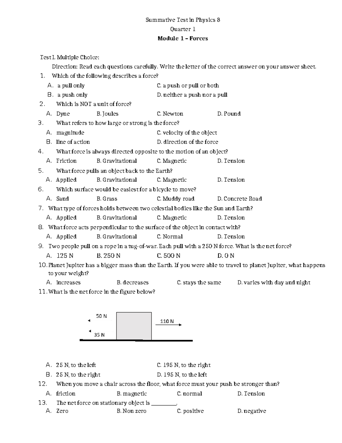 Physics 8: Summative Test on Forces (Module 1) - Studocu
