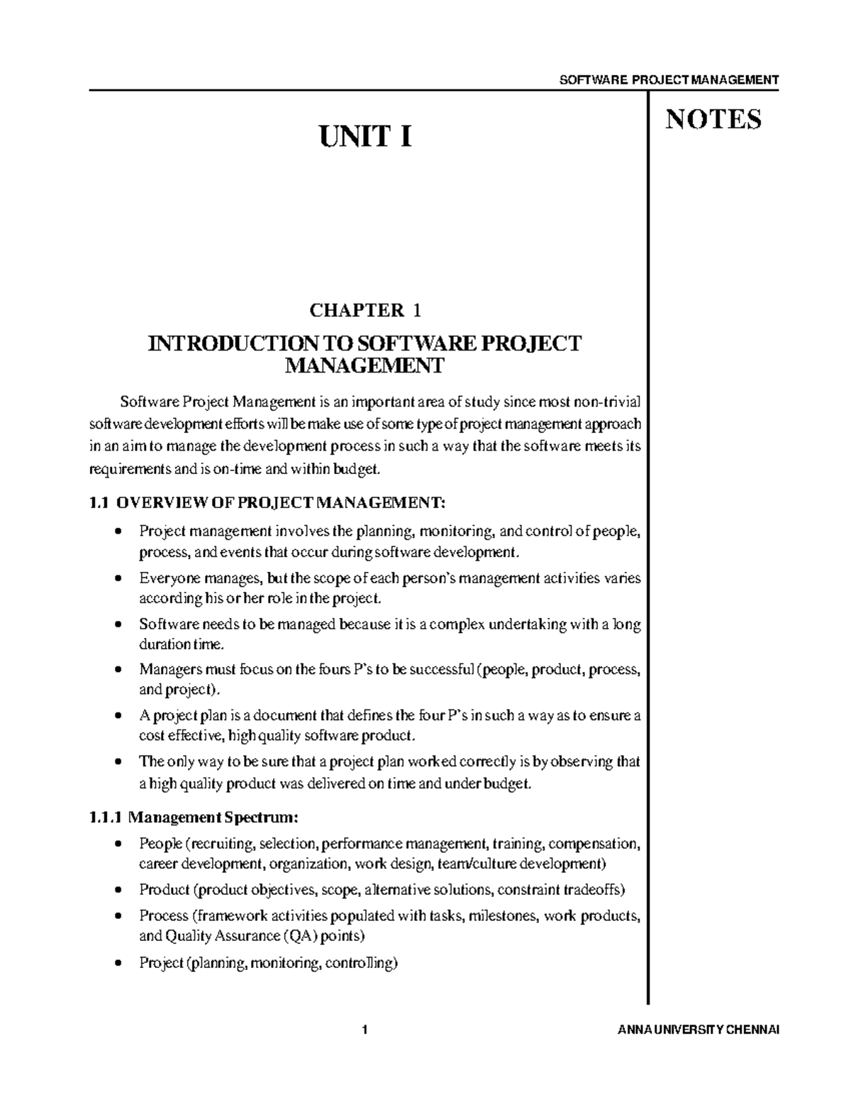SOFTWARE PROJECT MANAGEMENT NOTES (DMC 1952) - UNIT I CHAPTER 1 ...