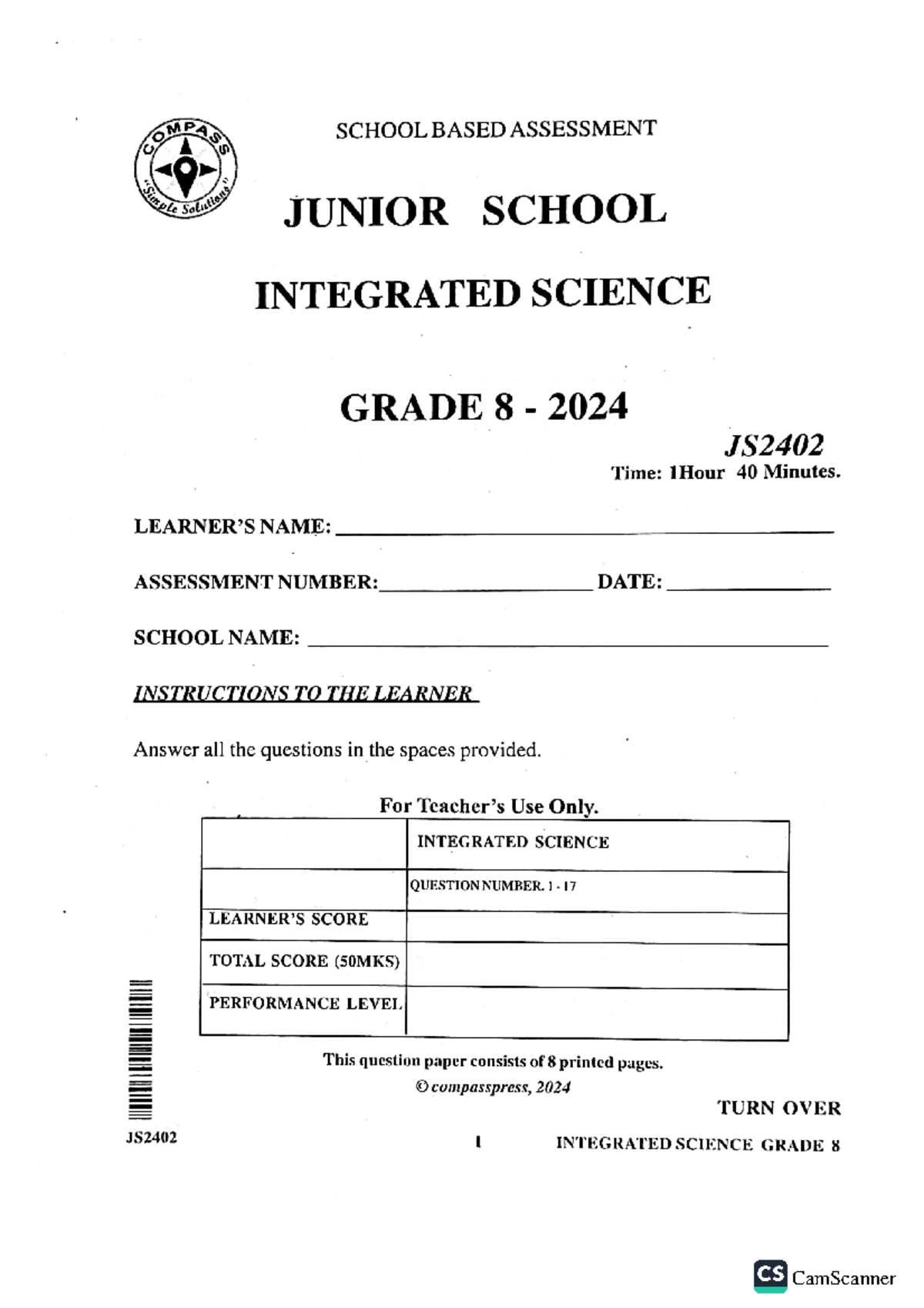 Grade 8 Integrated Science JS2402 Compass Exam 2024 - Studocu