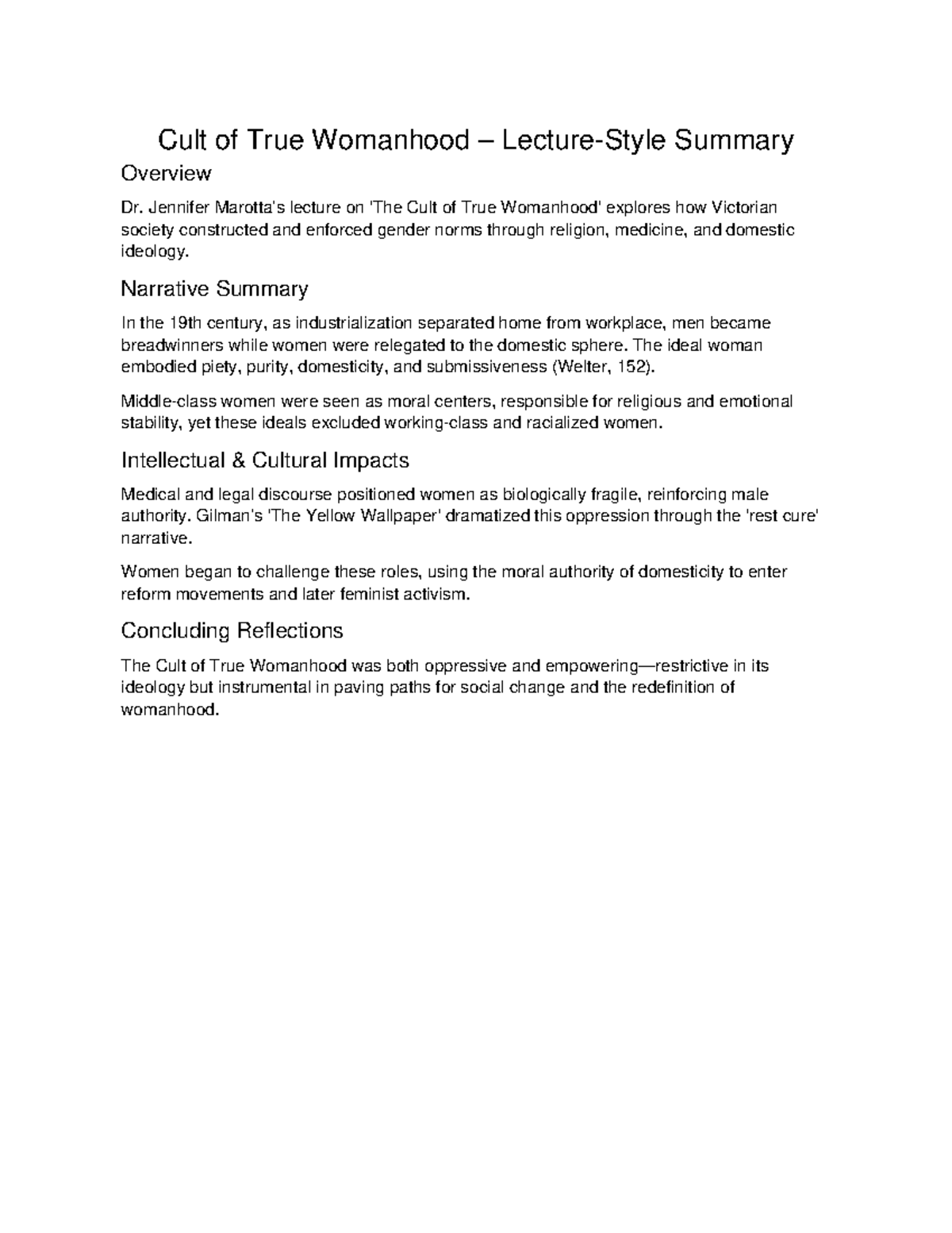 Week 3: Cult of True Womanhood Lecture Summary by Dr. Jennifer - Studocu