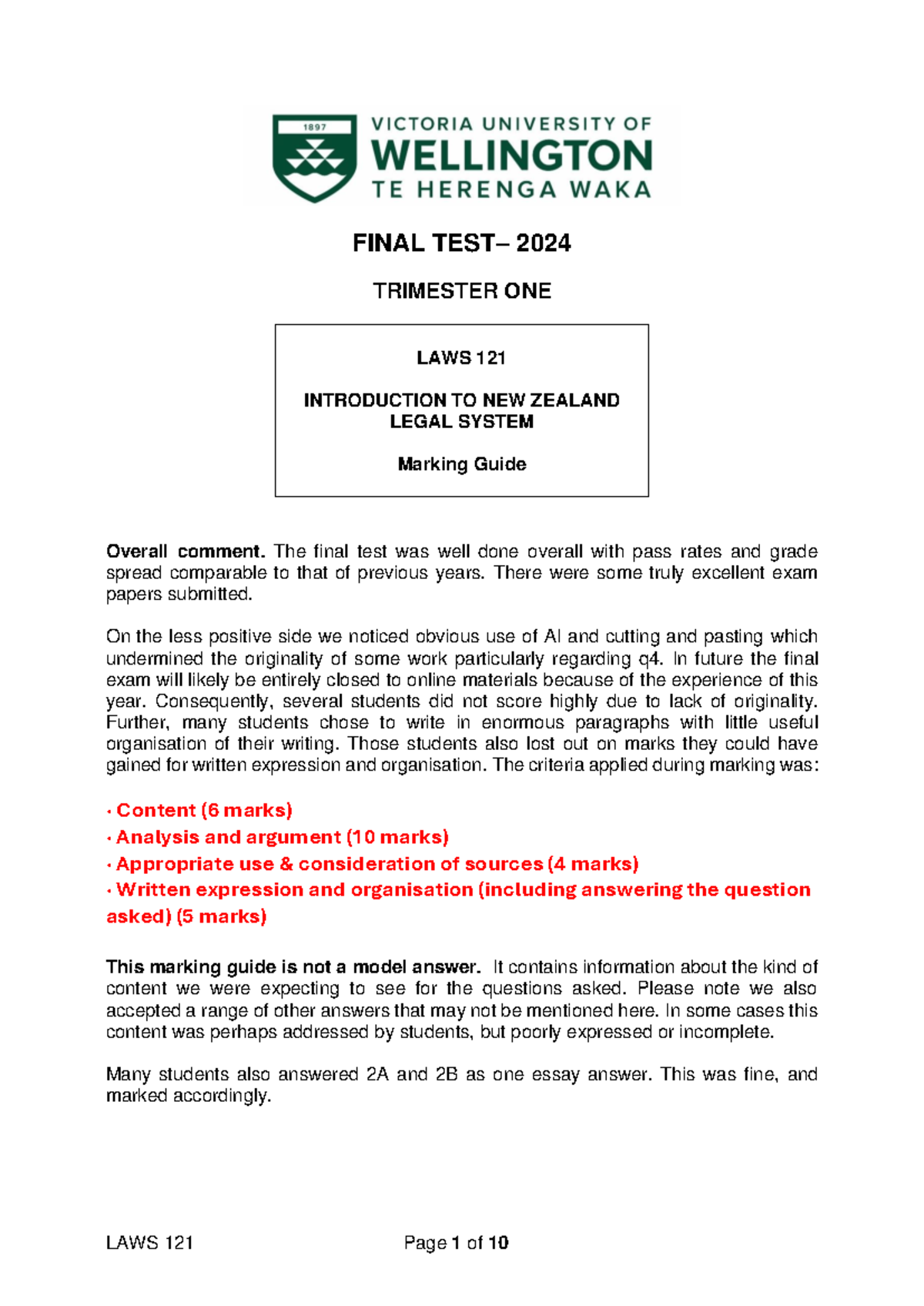 FINAL TEST – 2024: LAWS 121 Introduction to NZ Legal System - Studocu