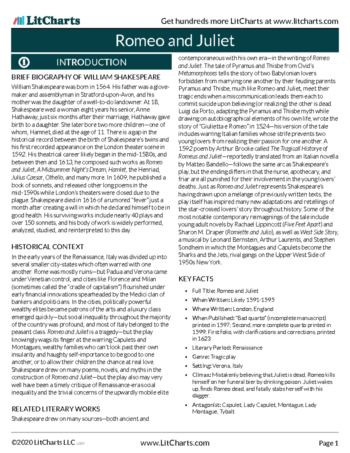 Romeo and Juliet: A Comprehensive LitChart Analysis and Summary - Studocu