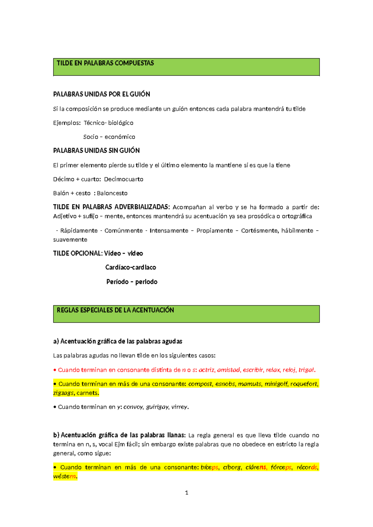 Reglas Especiales DE LA Acentuación (1) vale - TILDE EN PALABRAS ...