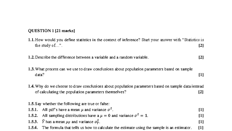 Final Exam QP 2024: Statistics Inference Questions and Analysis - Studocu
