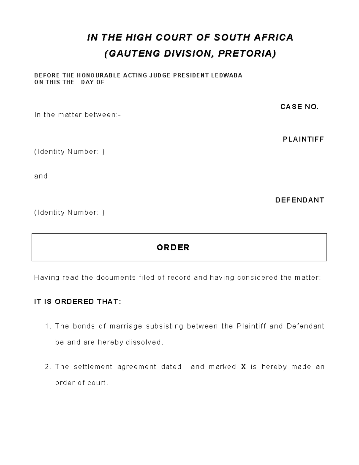 Draft Order Template for High Court Case No. [Insert Case Number] - Studocu