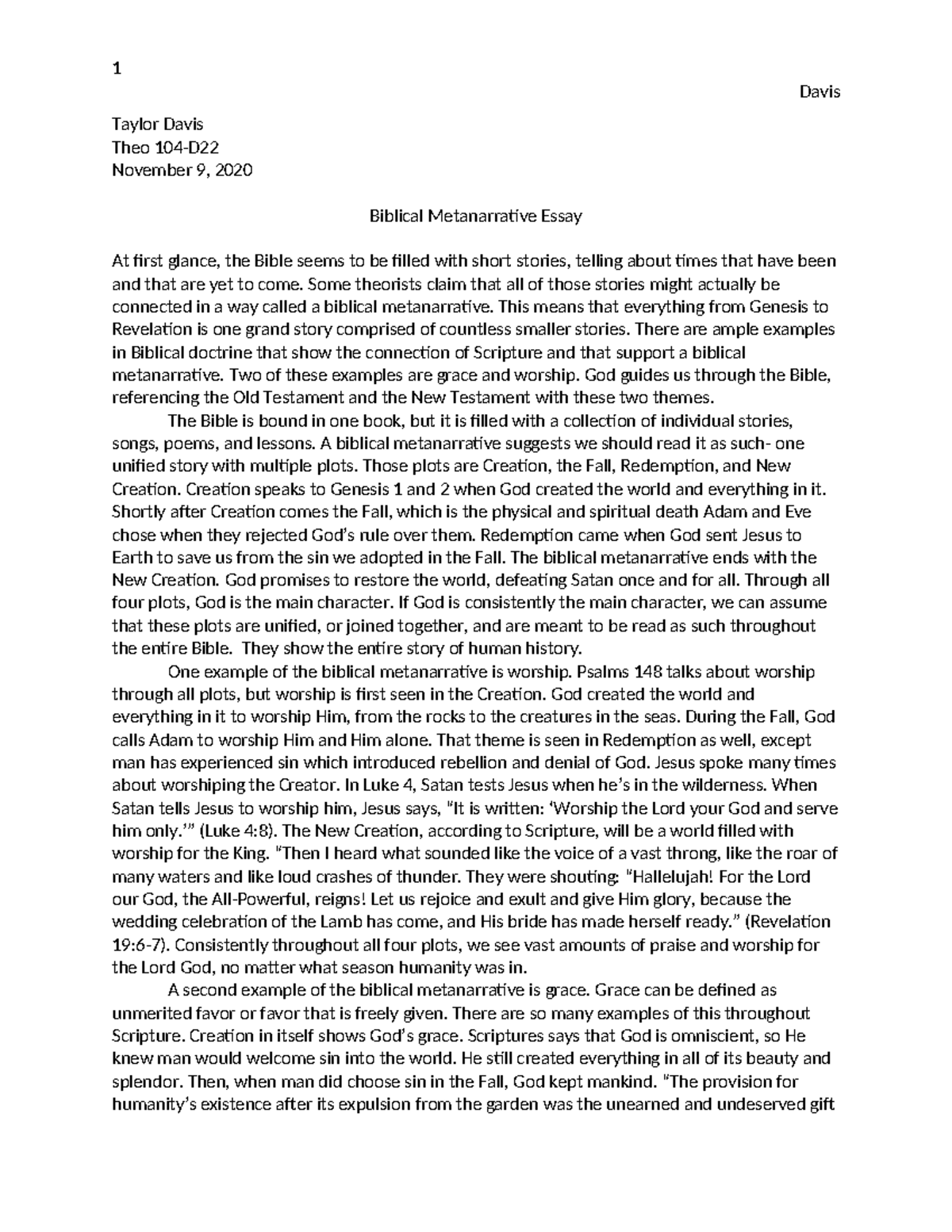 Biblical Metanarrative Essay: Exploring Creation, Fall, Redemption ...