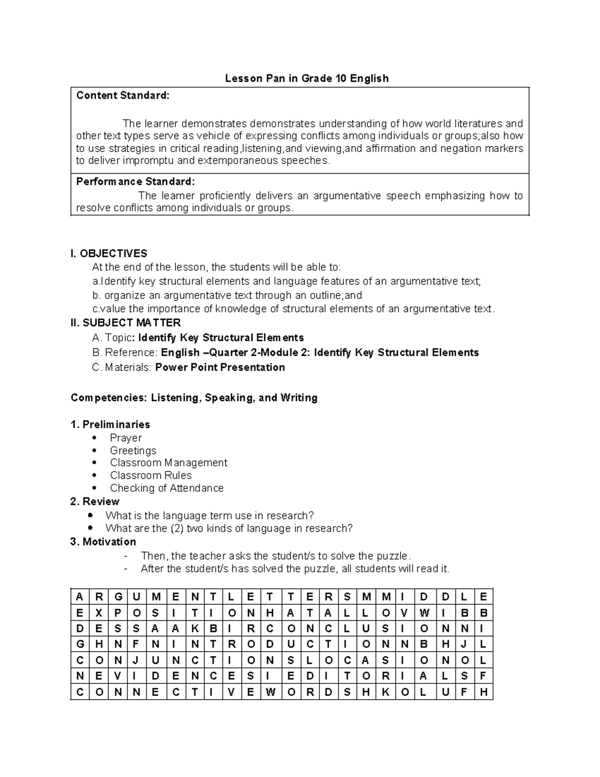 Lesson Pan in Grade 10 English - Lesson Pan in Grade 10 English Content ...
