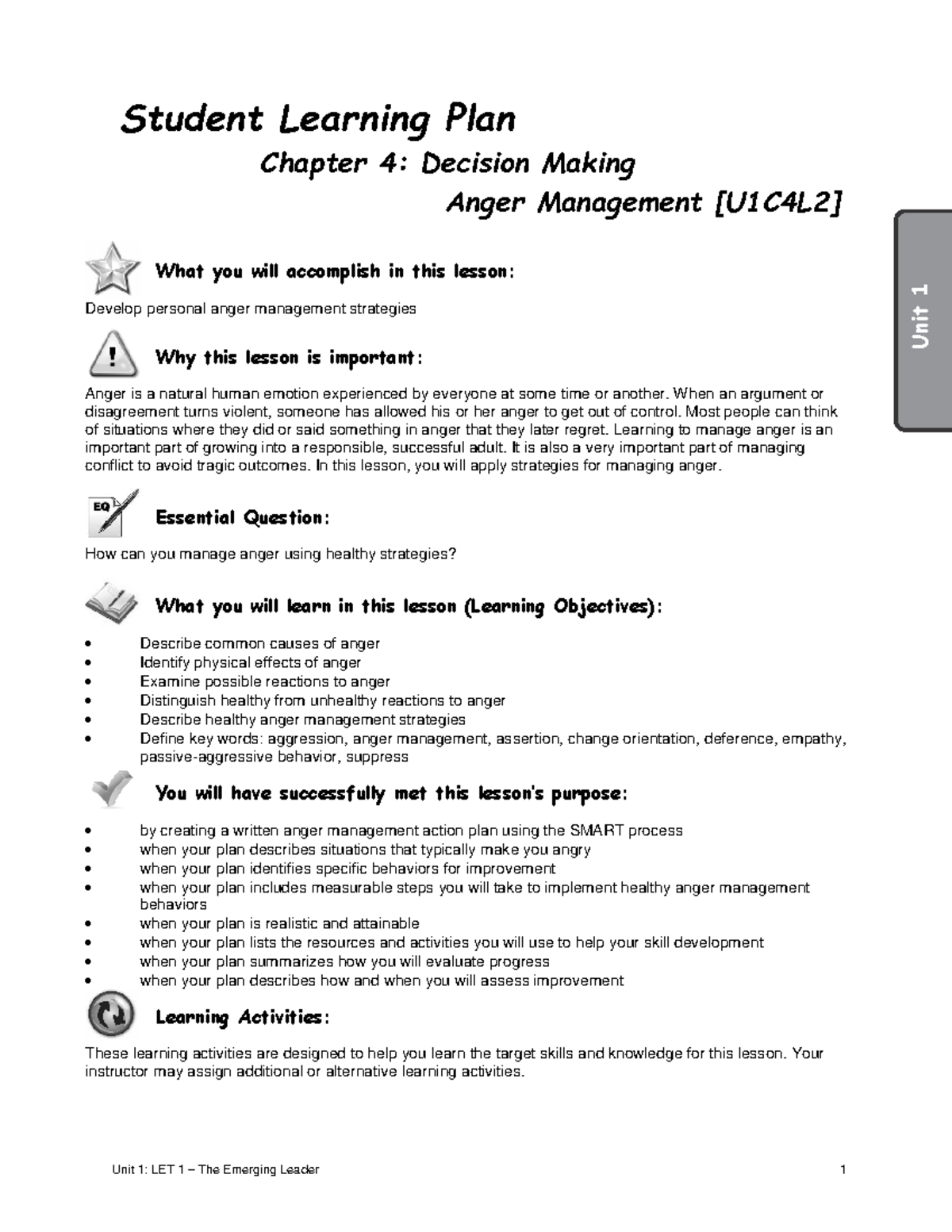 U1C4L2A1 Student Learning Plan: Anger Management Strategies - Studocu