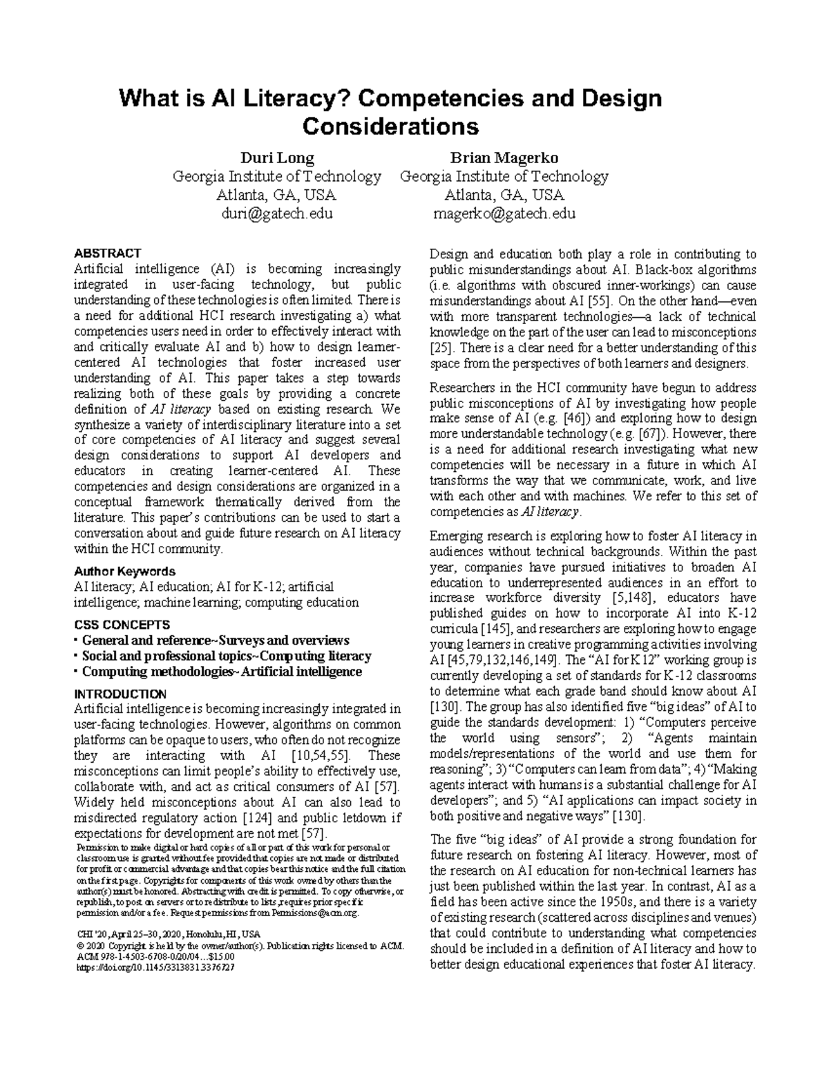 AI Literacy: Competencies & Design Considerations in HCI (CSCI 4230 ...