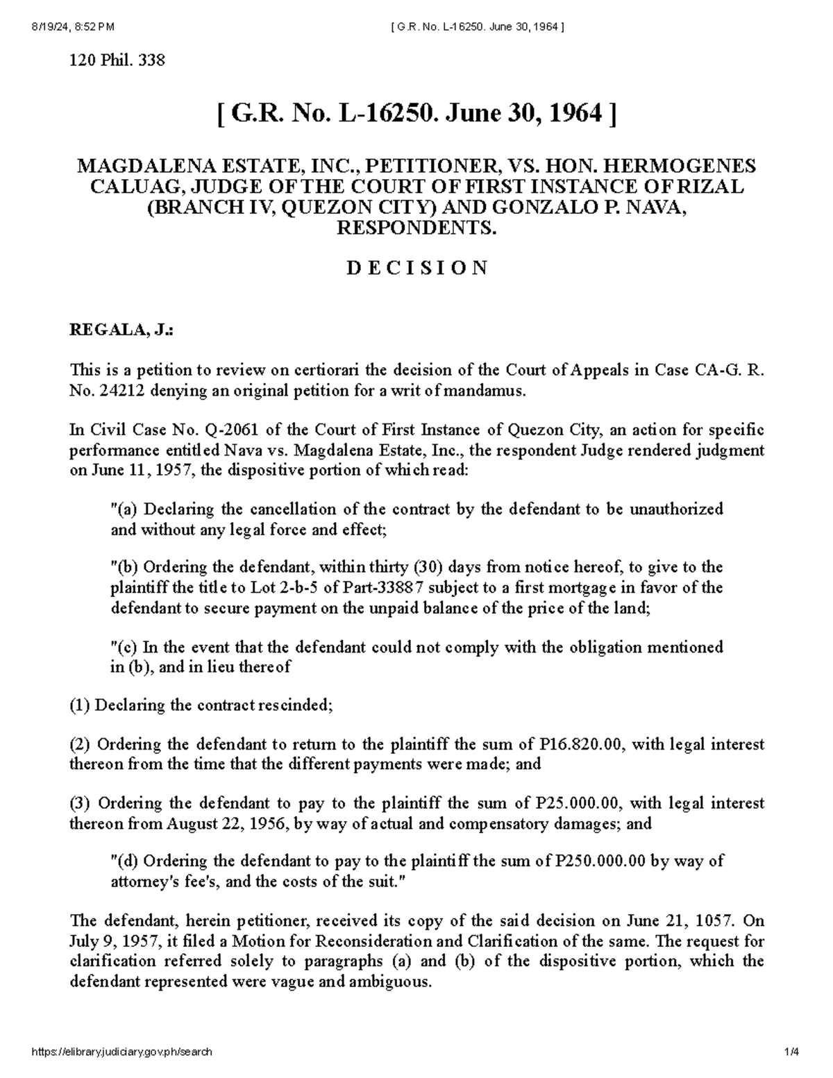 G.R. No. L-16250, 30 June 1964, Magdalena Estates, Inc. v. Caluag CIV2 ...