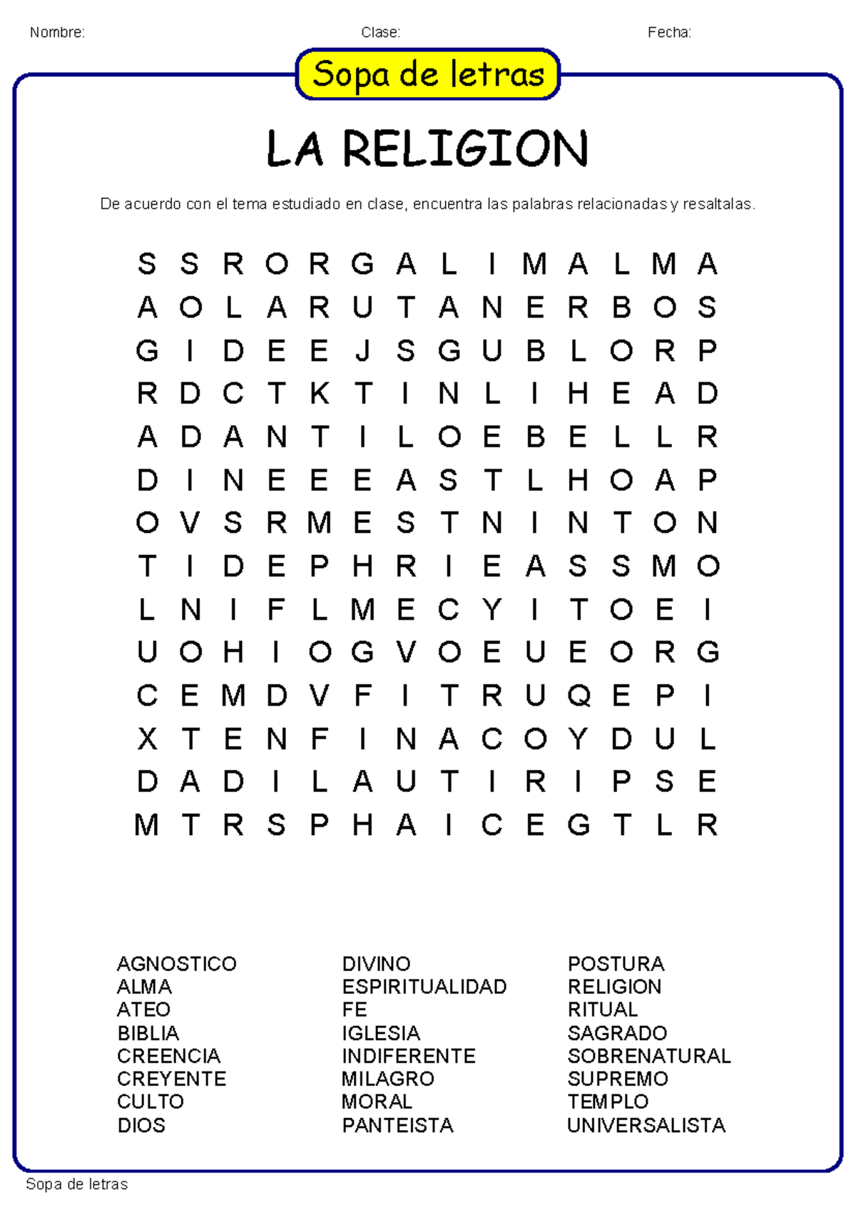 Actividad de sopa de letras sobre la religión - 1.1 - Studocu
