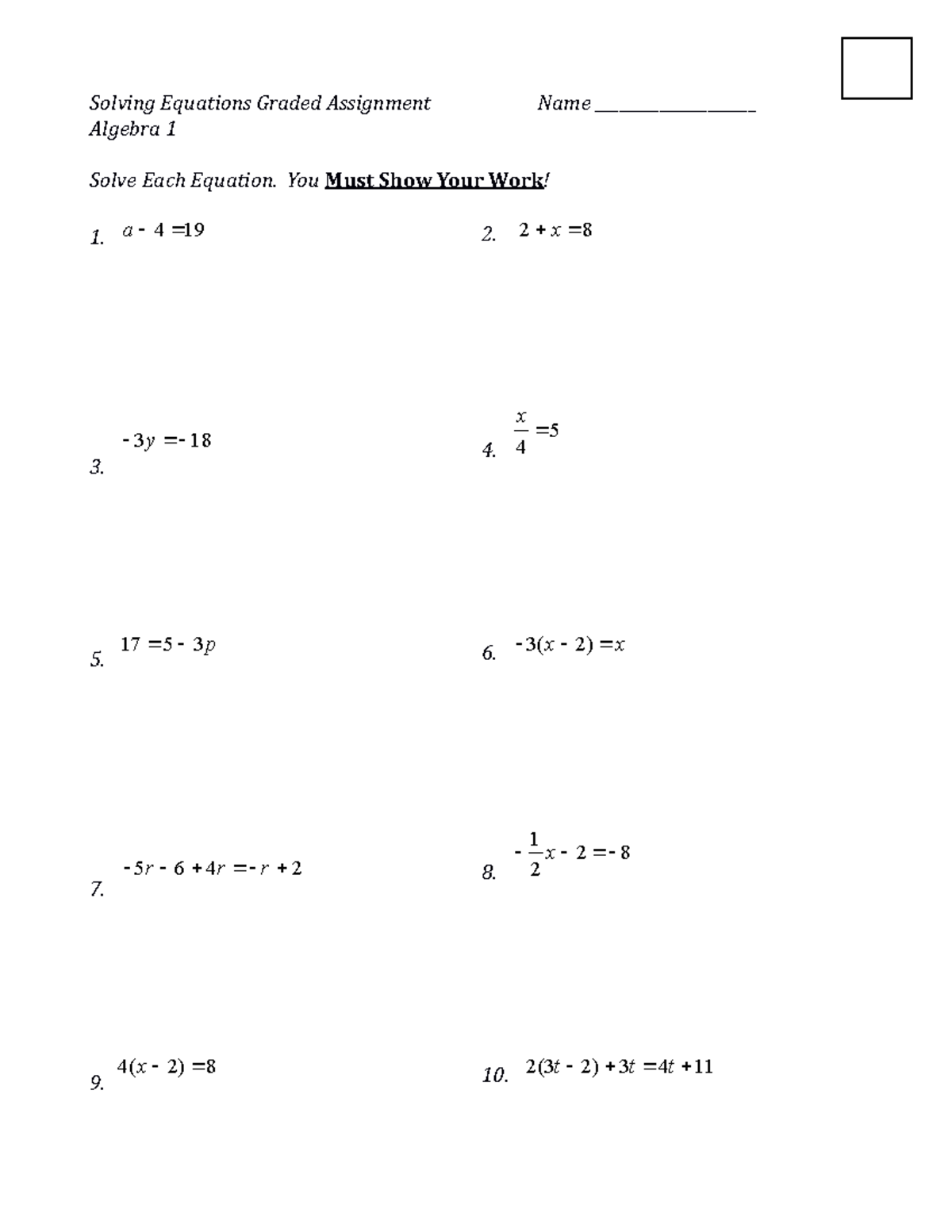 Algebra 1 GA: Solving Equations Assignment with Solutions - Studocu