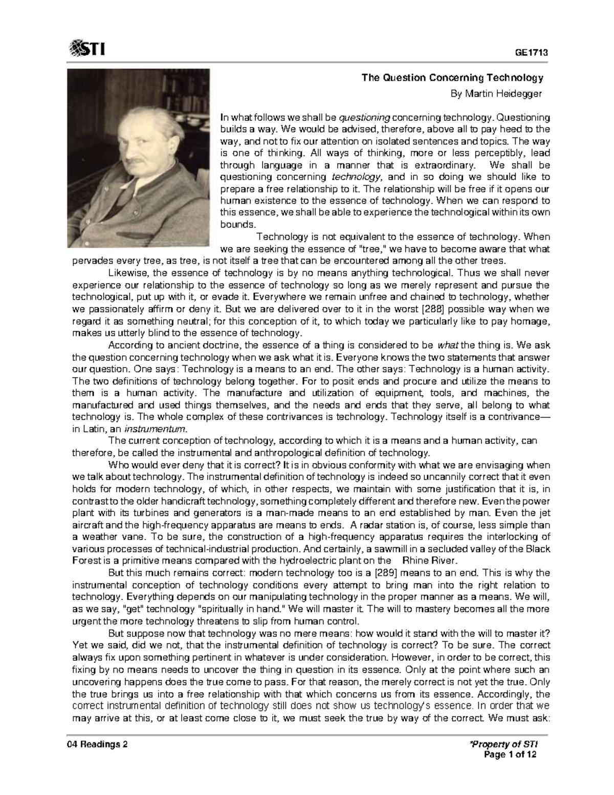 GE1713 Final Exam Notes on Heidegger's "The Question Concerning ...