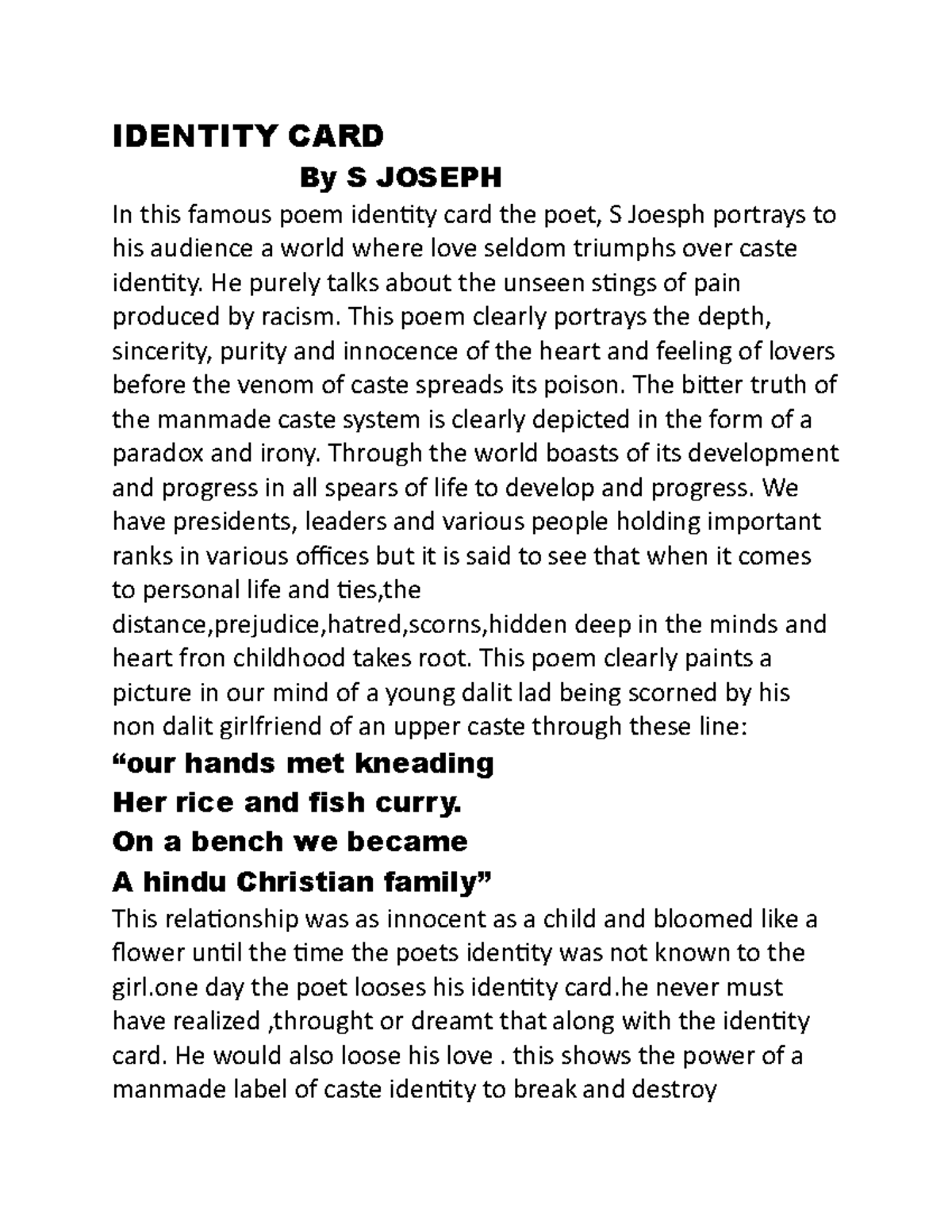 Analysis of Caste Identity in S Joseph's Poem: "Identity Card" - Studocu
