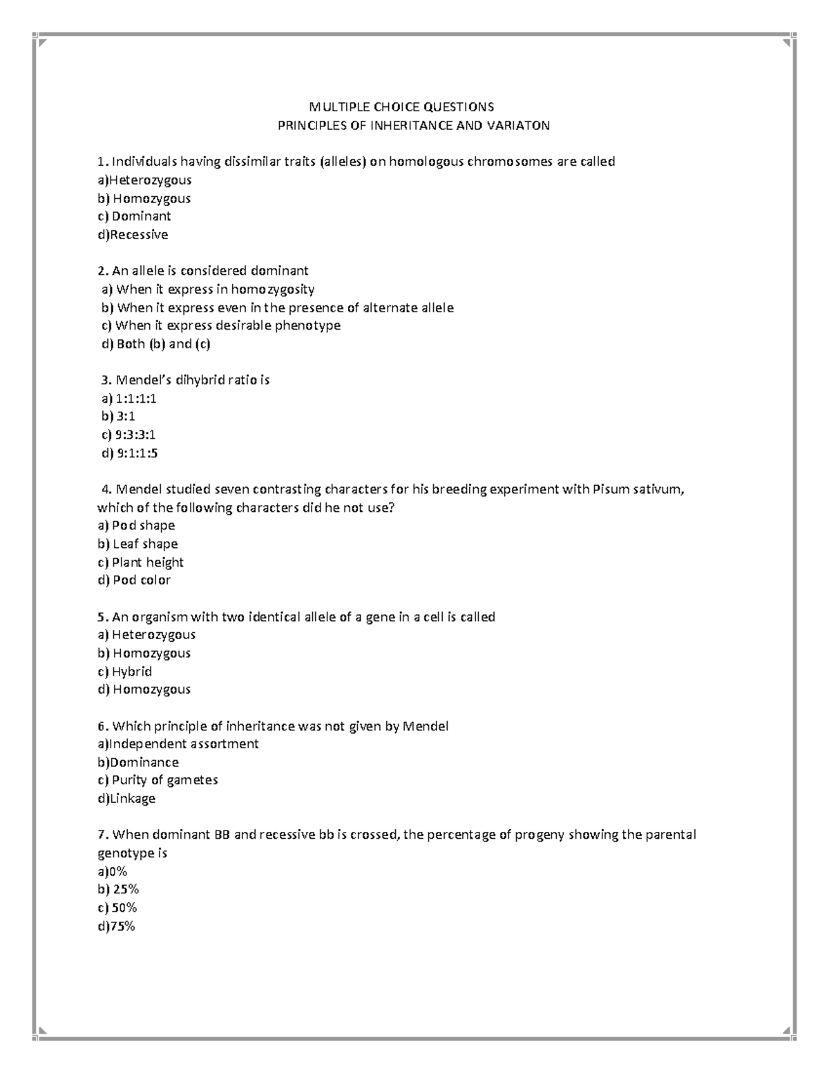 Chapter 04: Principles of Inheritance - Multiple Choice Questions - Studocu