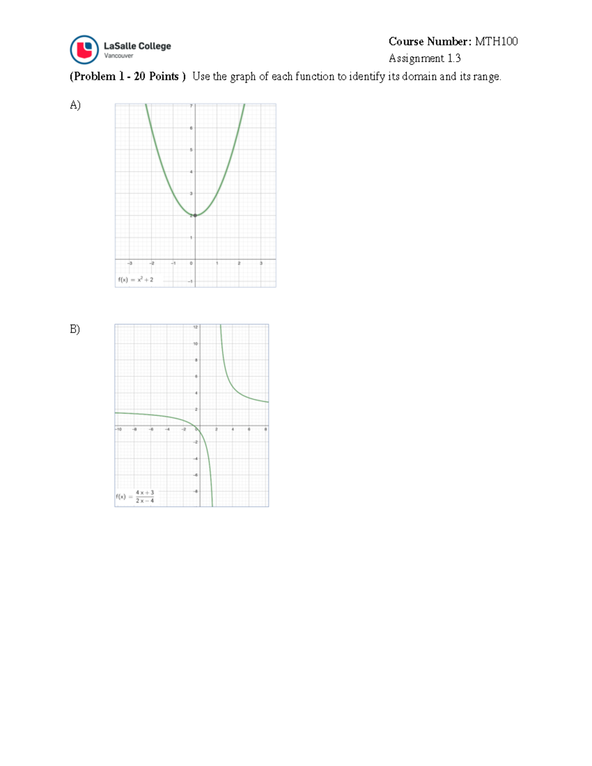 Assignment 1: Domain, Range & Graph Analysis (Math Course Code) - Studocu