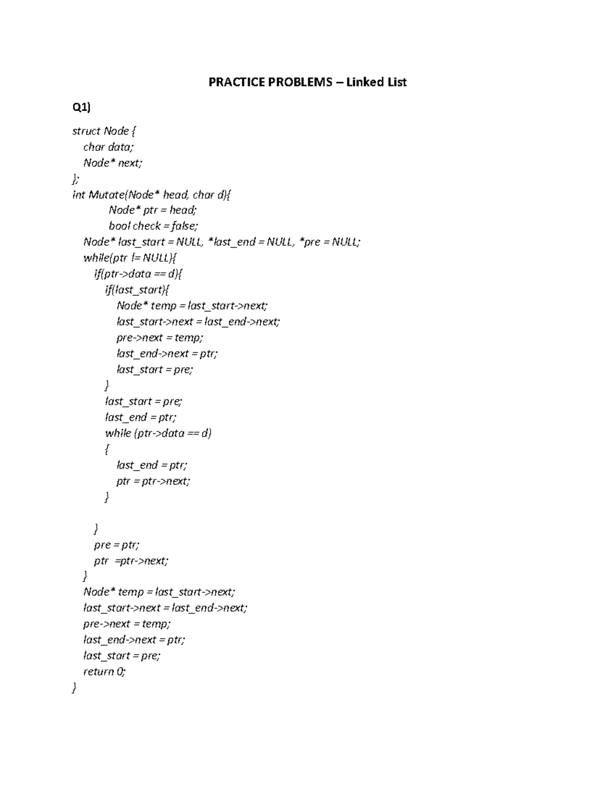 Practice Problems - Linked List (CS101) - Studocu