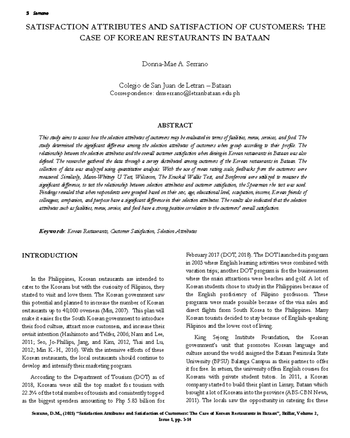 191 - Jm ao,nkwk o,jown - Serrano, D., (202 1 ) “Satisfaction ...